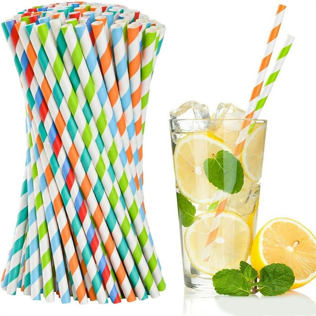RuiJiao 100 Piece Reusable Hard Plastic Straws, Long Stripe Drinking ...