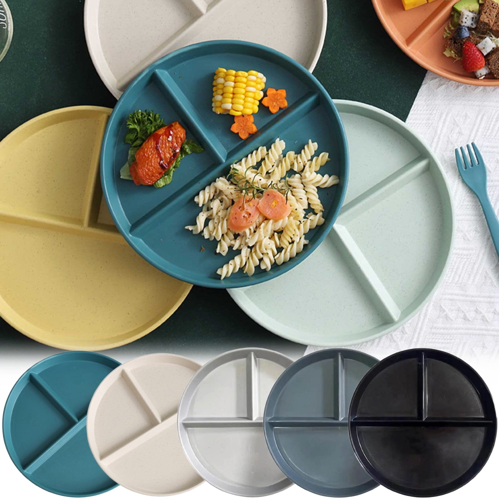 RuiJiao 5pc 3-Compartment Divided Dinnerware Set - Durable and BPA Free ...