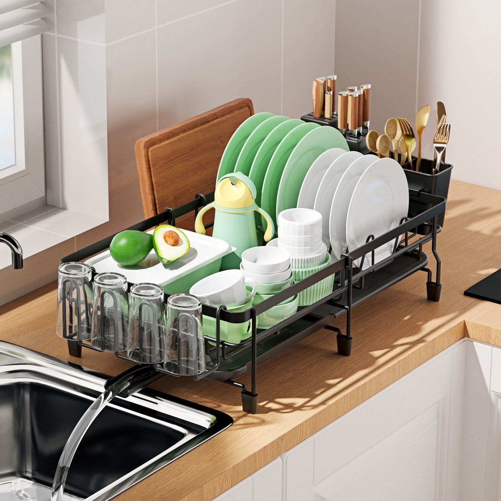 RuiJiao Black Alloy Multifunctional Kitchen Dish Rack with Drainer ...