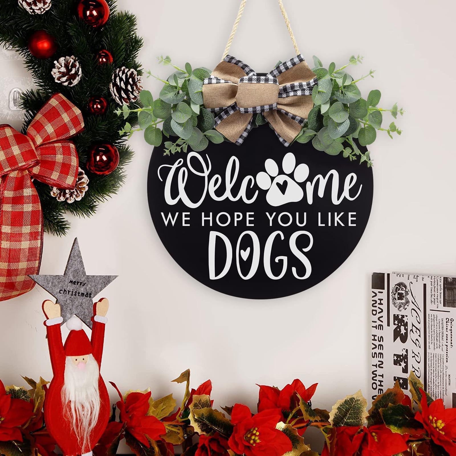 RuiJiao Wooden Seasonal Welcome Sign, Rustic Round Dogs Sign Front Door ...