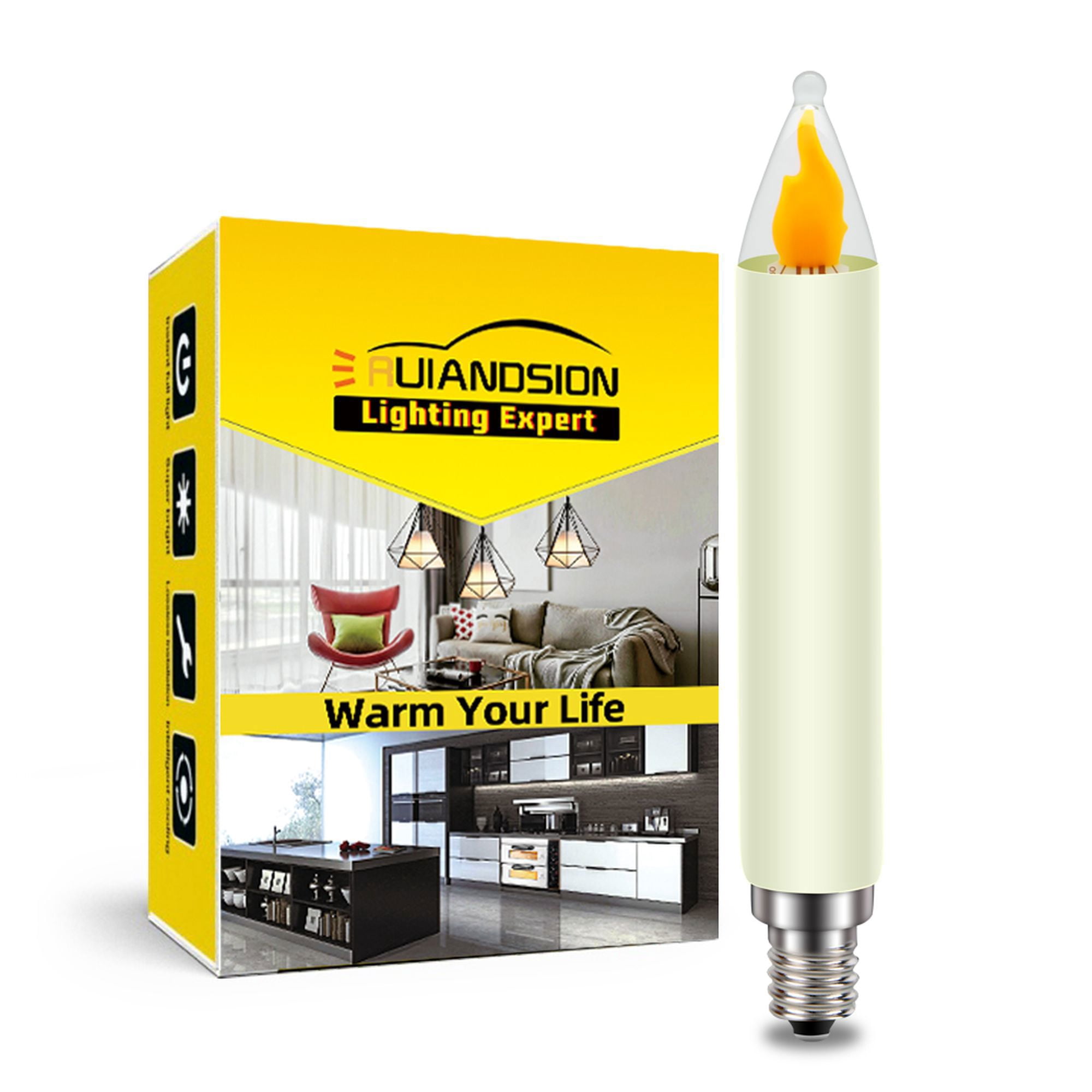 Ruiandsion E10 Base Candle Shape LED Bulb Warm White Flickering Flame ...