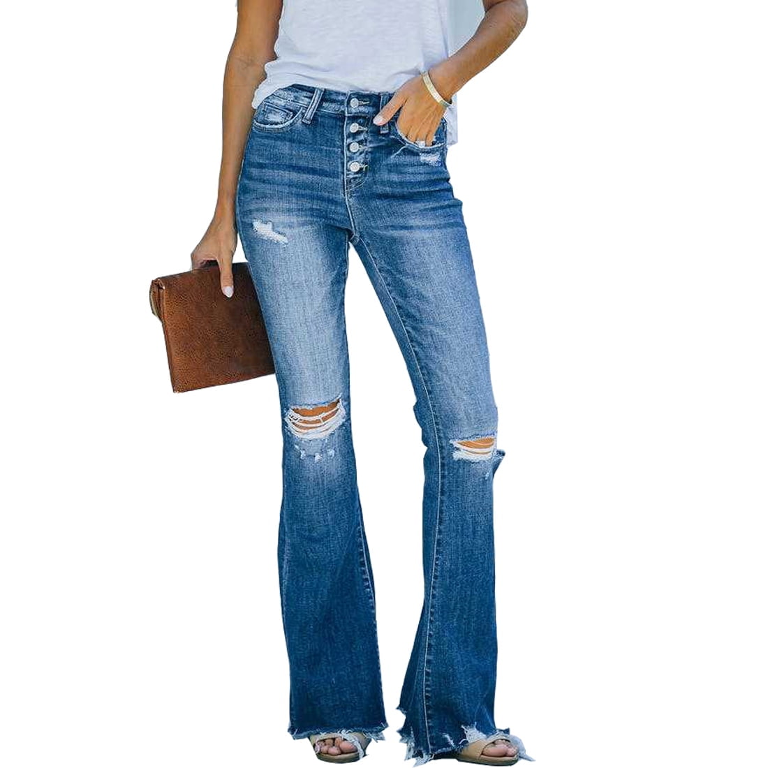 Ruiatoo High Waisted Women Jeans Regular Fit Ripped Stretch Flare Jeans ...