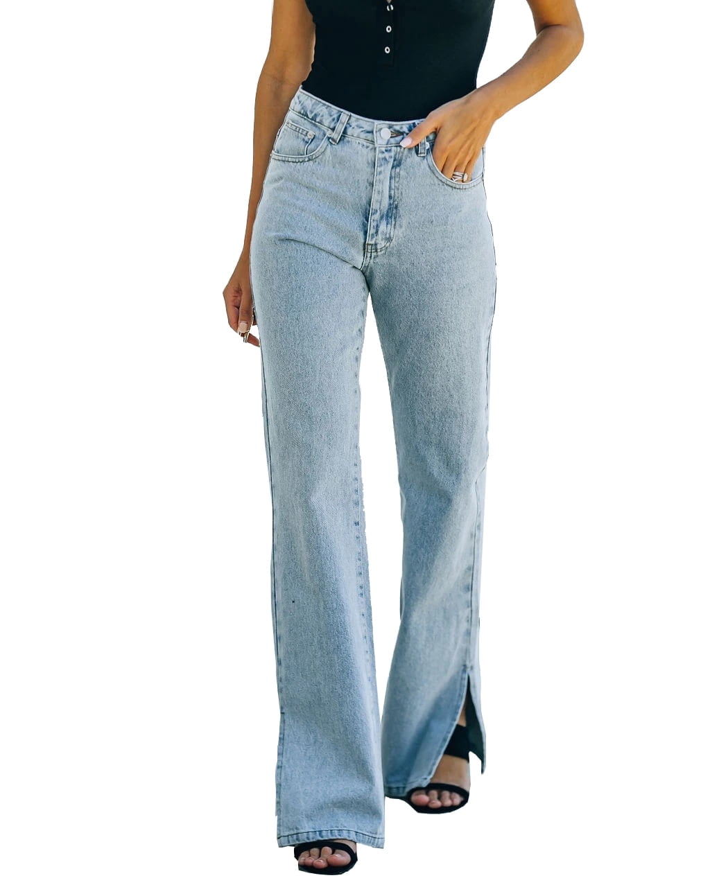 Ruiatoo Mid Rise Slit Hem Slit Hem Straight Leg Jeans for Women Causal ...