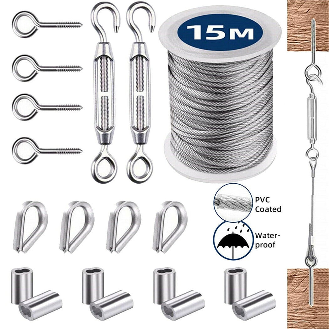 Ruibeauty 49Ft 2mm Stainless Steel Wire Rope Cable Hooks Hanging Kit Tent Rope - Walmart.com