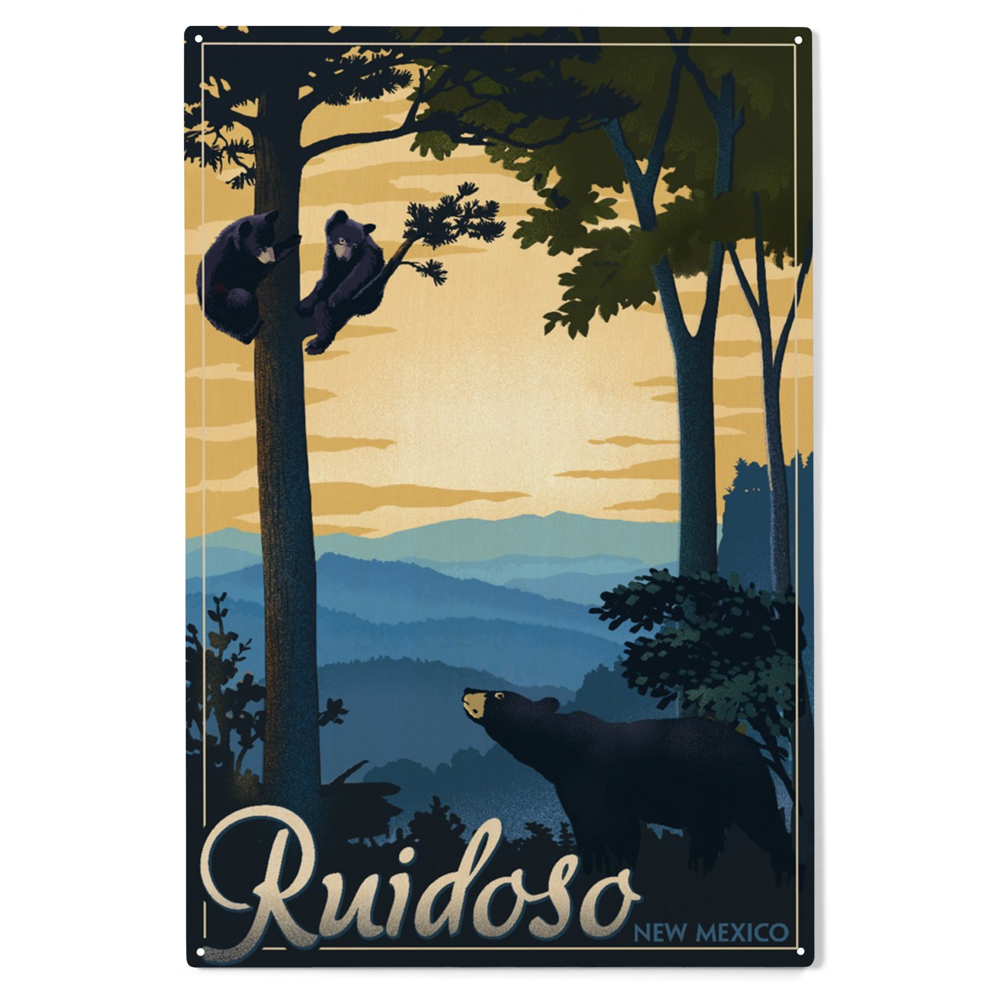 Ruidoso, New Mexico, Black Bears, Lithograph Birch Wood Wall Sign ...