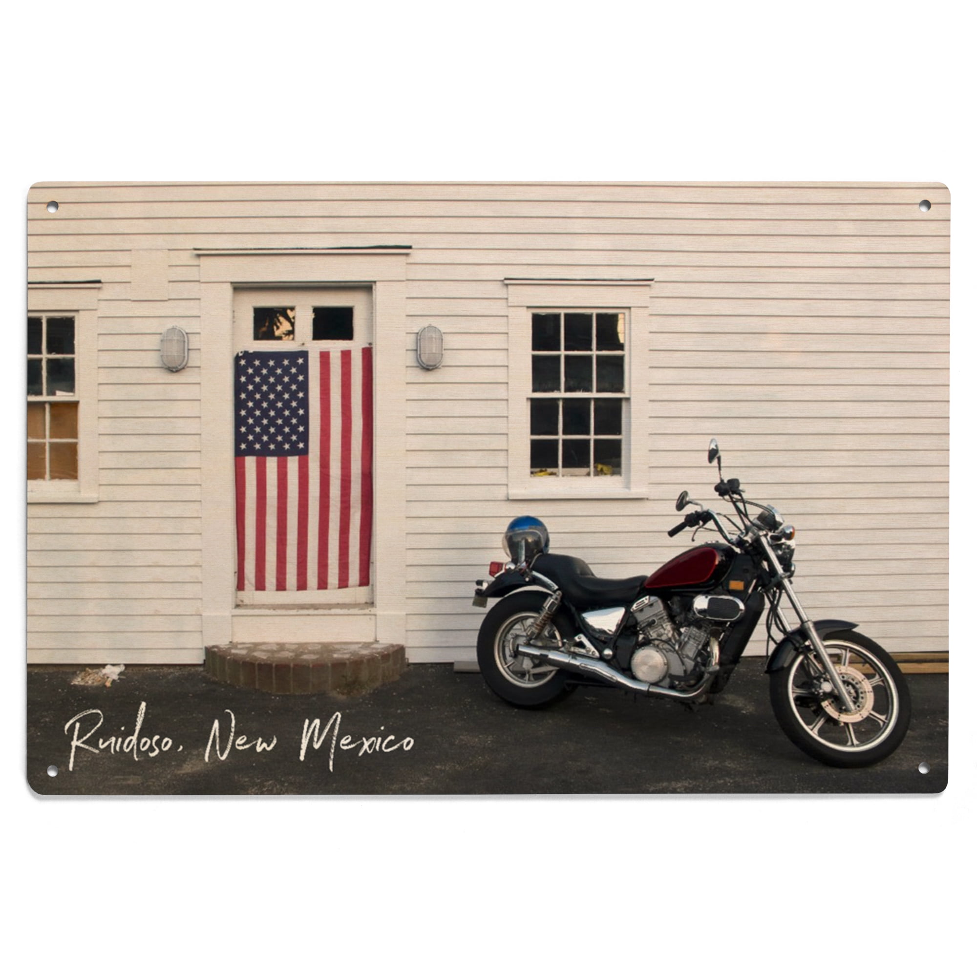 Ruidoso, New Mexico, Motorcycle and American Flag Birch Wood Wall Sign ...