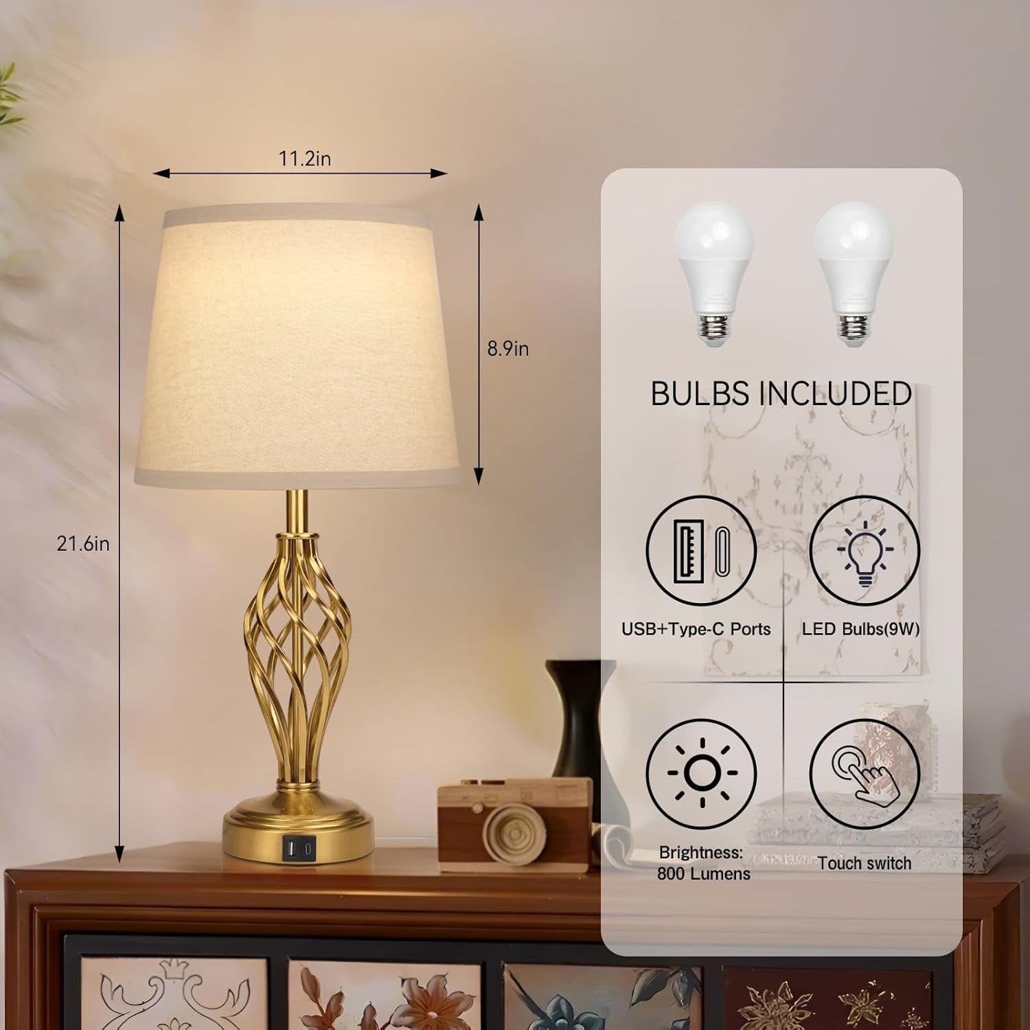 Ruiever Touch Table Lamps Set of 2, Gold Plated Spiral Cage Base Design ...