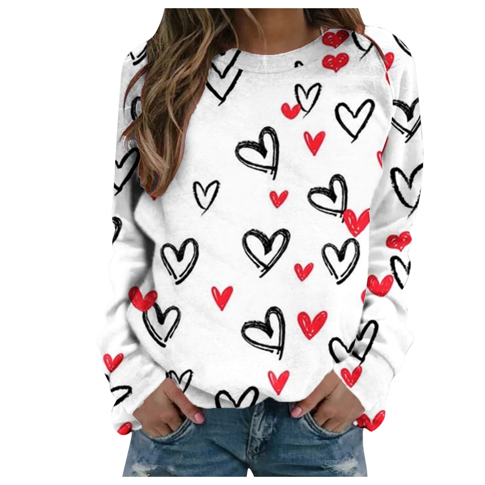 Ruimatai Women's Valentine's Day Heart Print Plus Size Crewneck ...