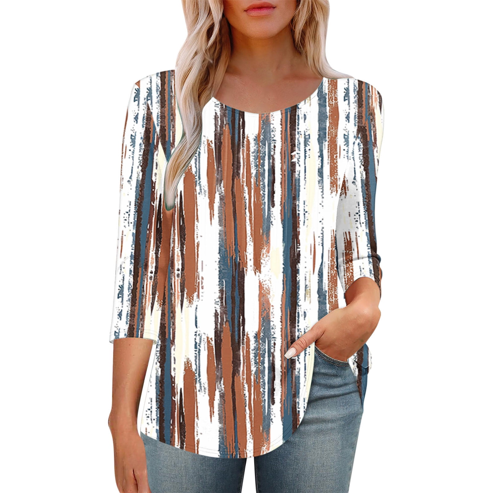 Ruimatai Women's Casual 3/4 Sleeve Pleated Tunic Top Round Neck Printed ...