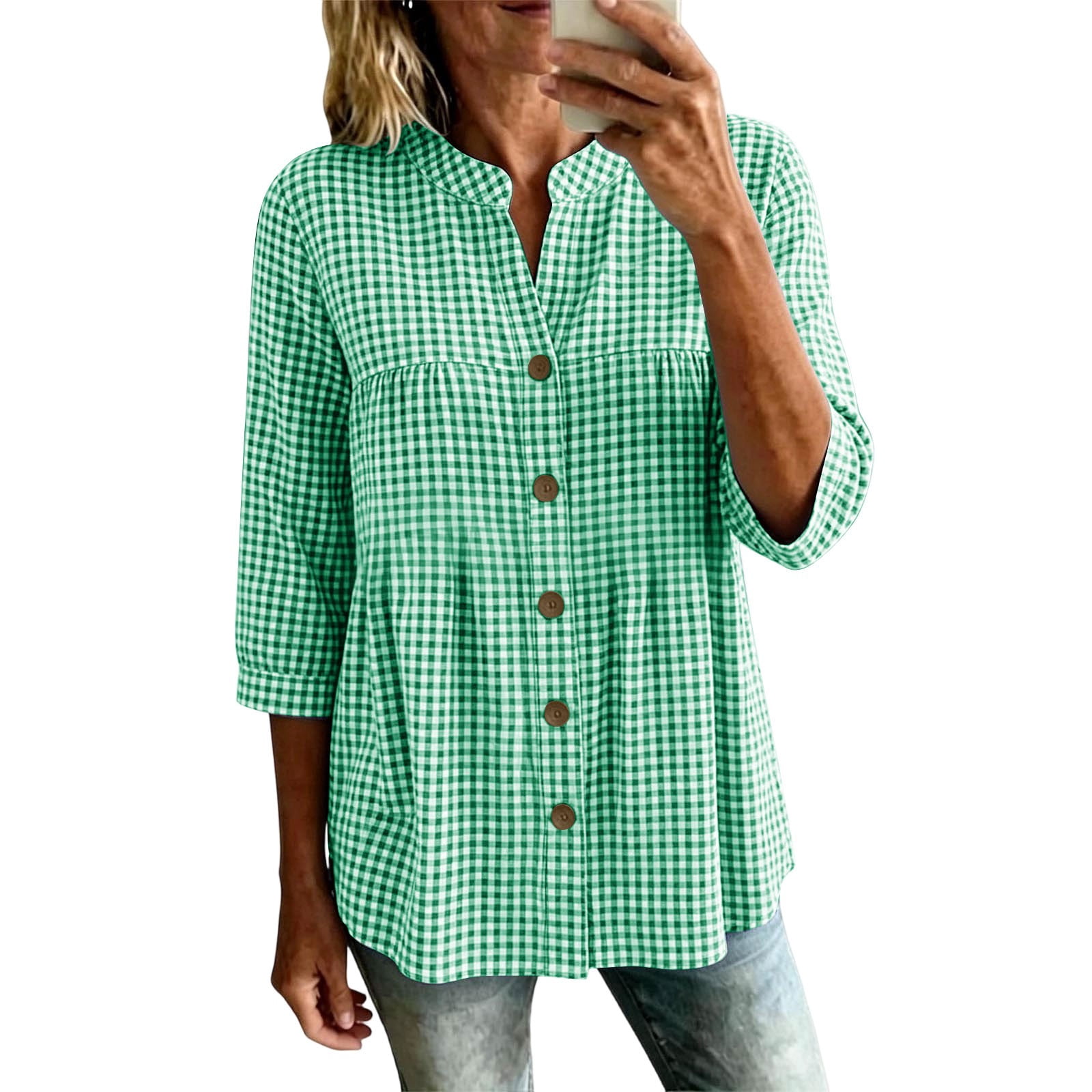 Ruimatai Women's Casual Gingham Button Down Blouses Stand Collar 3/4 ...