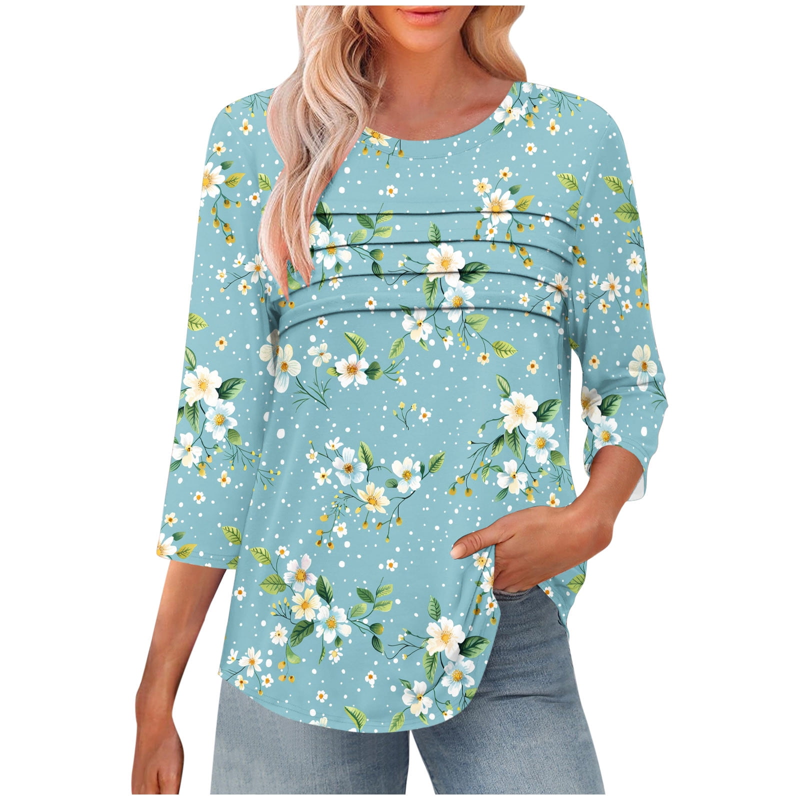 Ruimatai Women's Casual Printed 3/4 Sleeve Tops Round Neck Loose Fit ...