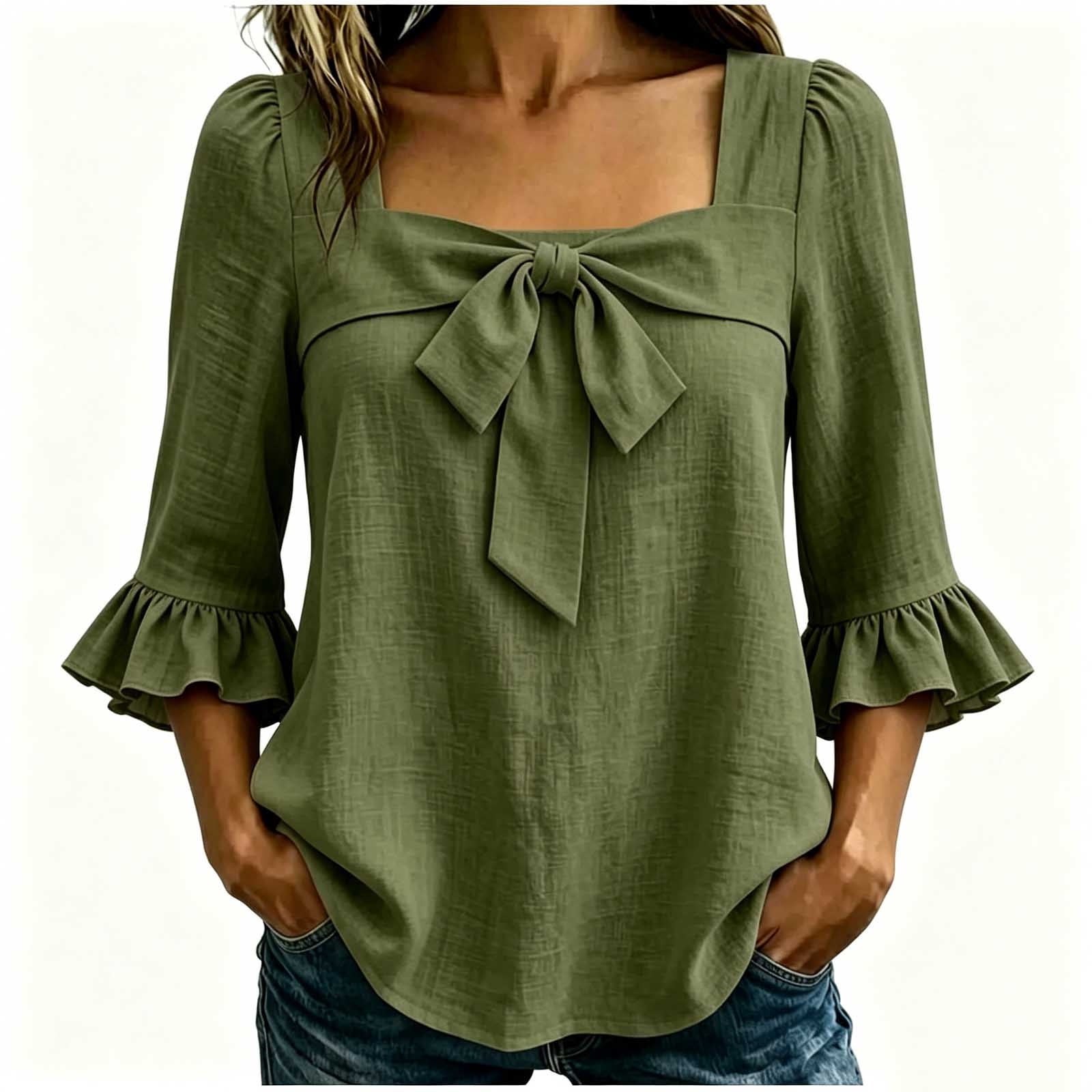 Ruimatai Women's Casual Square Neck Bow Detail Flounce 3/4 Sleeve Loose ...