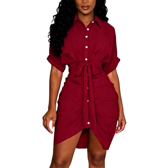 Ruimatai Women's Collared Button Down Short Sleeve Tie Waist Ruched ...
