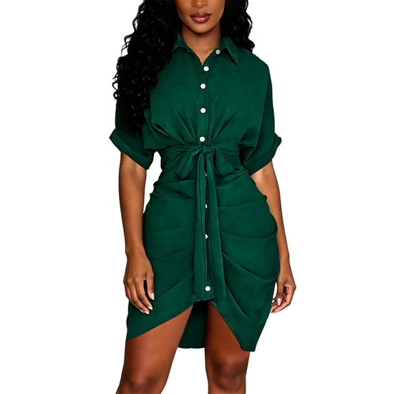 Ruimatai Women's Collared Button Down Short Sleeve Tie Waist Ruched ...