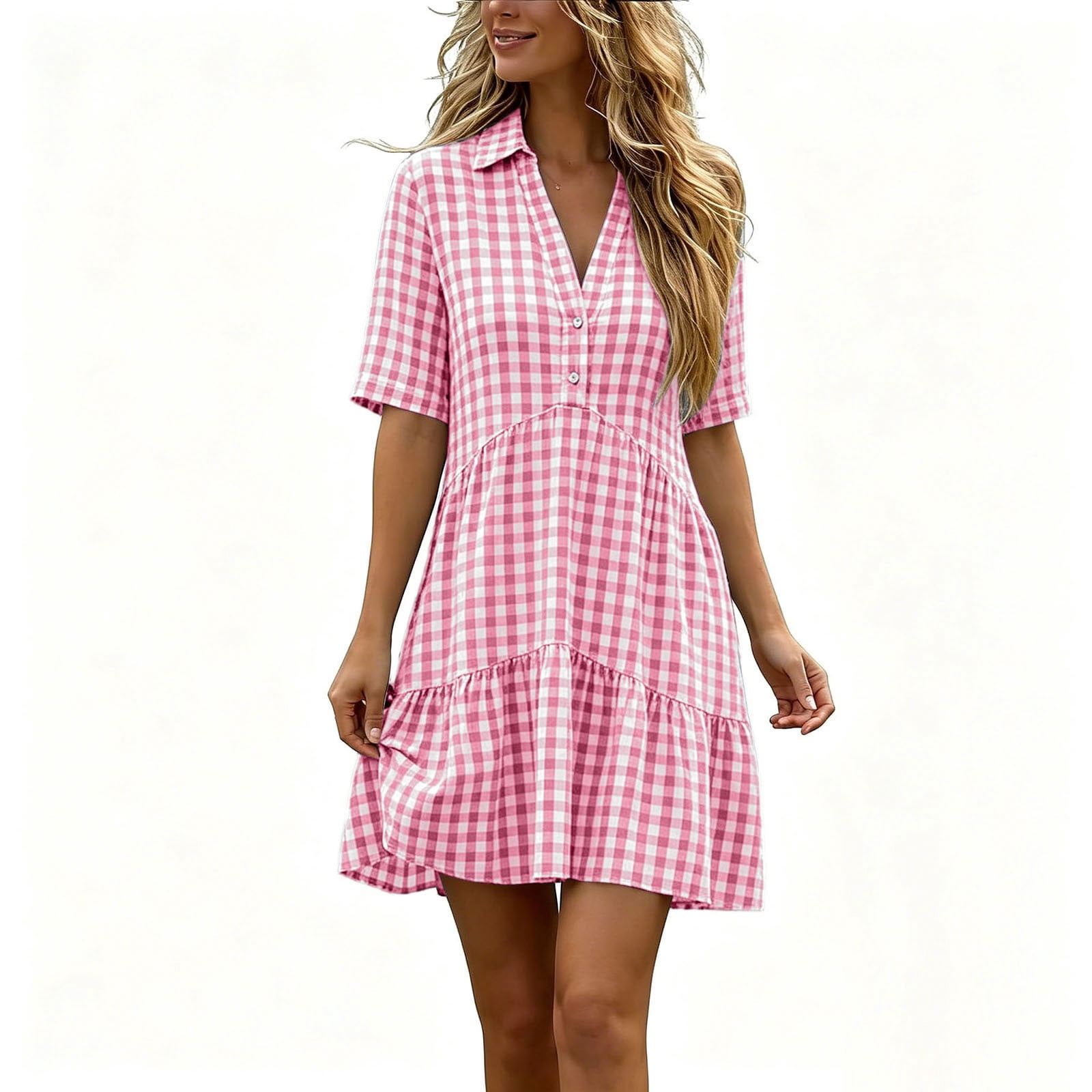 Ruimatai Women's Collared Half-Button Short Sleeve Tiered Ruffle Plaid ...