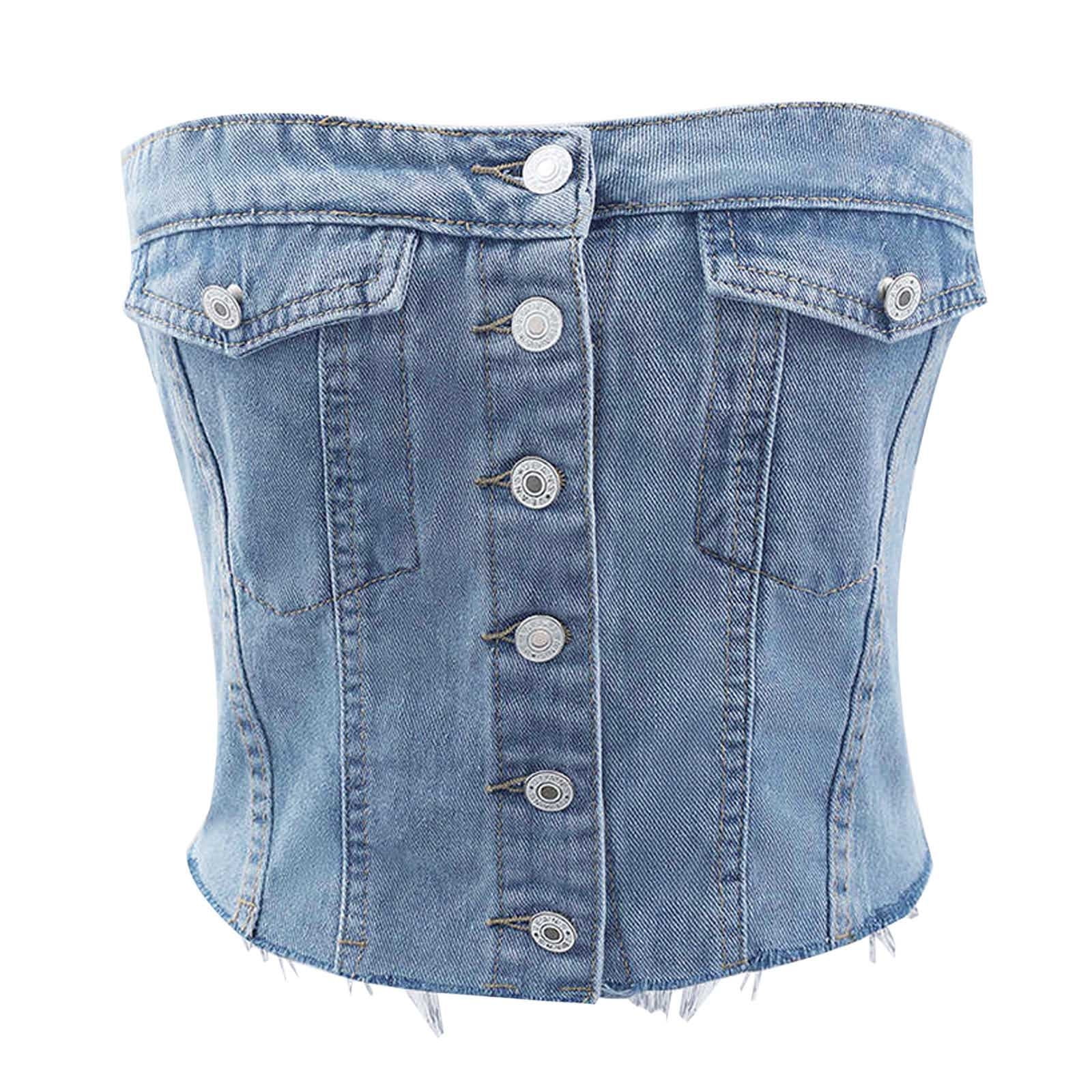 Ruimatai Women's Denim Corset Tops Button Up Corset Bustier Strapless ...