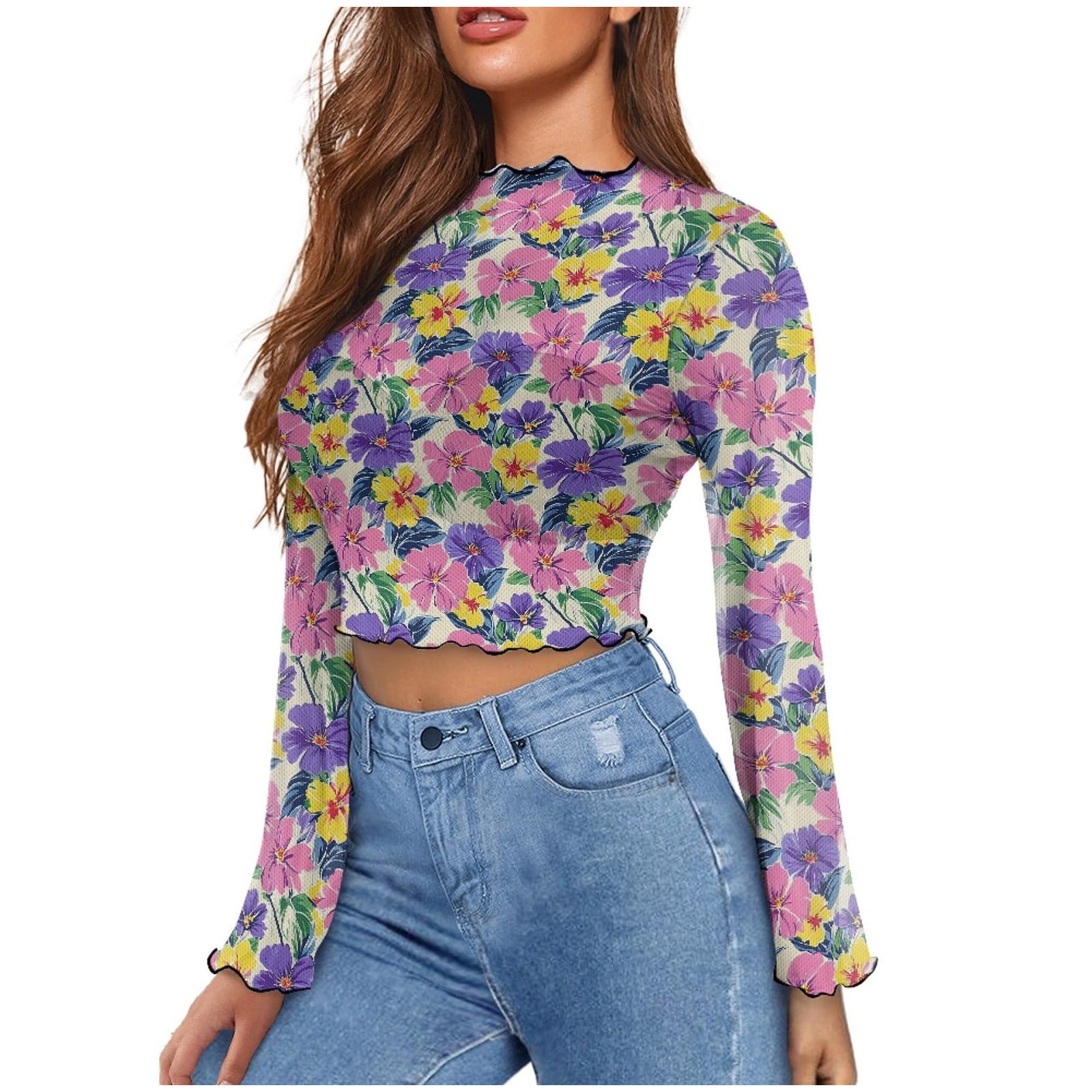 Ruimatai Women's Floral Mesh Long Sleeve Blouse Round Neck Flared ...