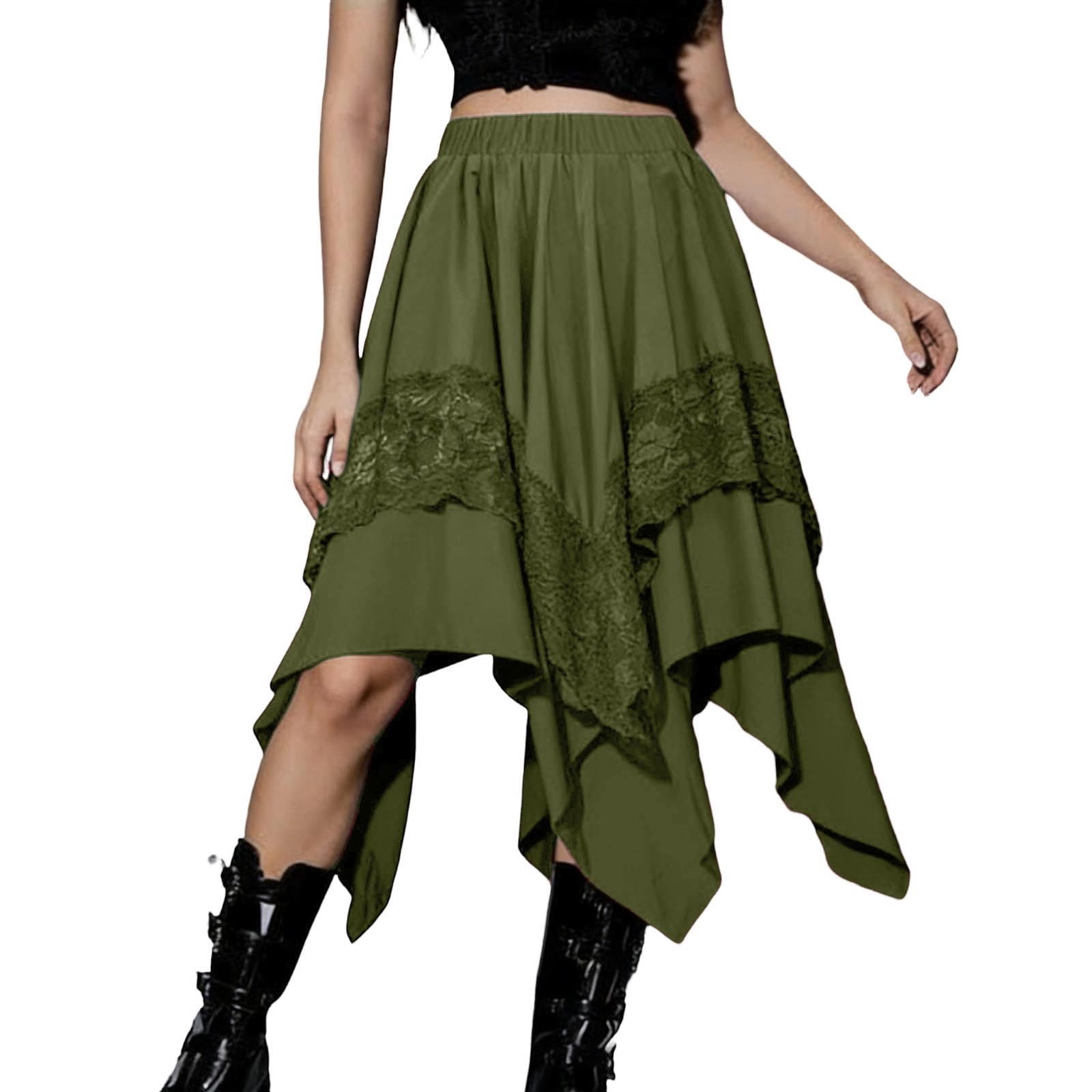 Ruimatai Women's High Waisted Lace‑Trim Asymmetrical Midi Skirt Elastic ...