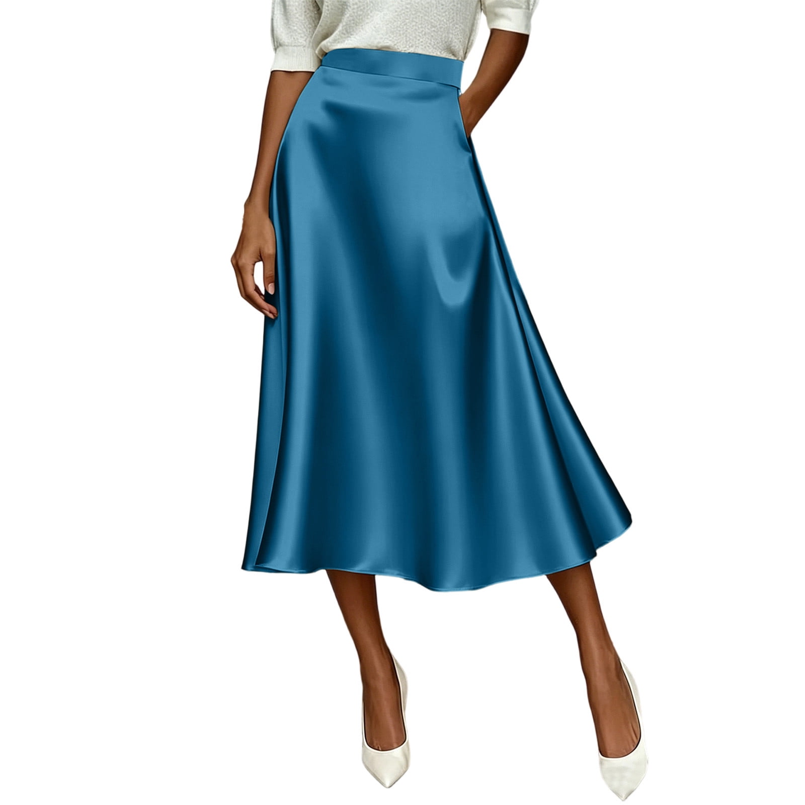 Ruimatai Women's High Waisted Satin A‑Line Midi Skirt Elastic Waist ...
