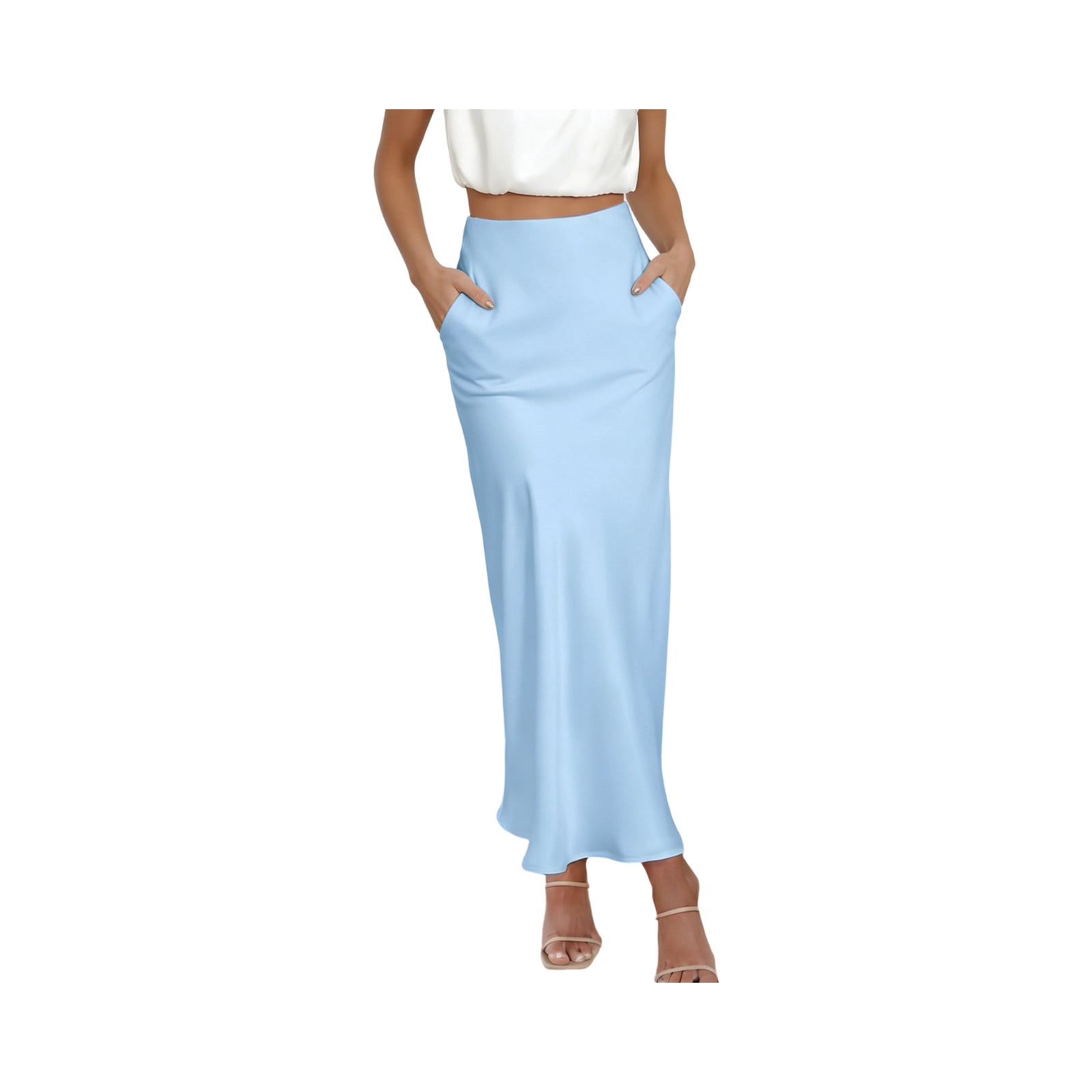 Ruimatai Women's High Waisted Satin Maxi Skirt Pocket Design Draped ...