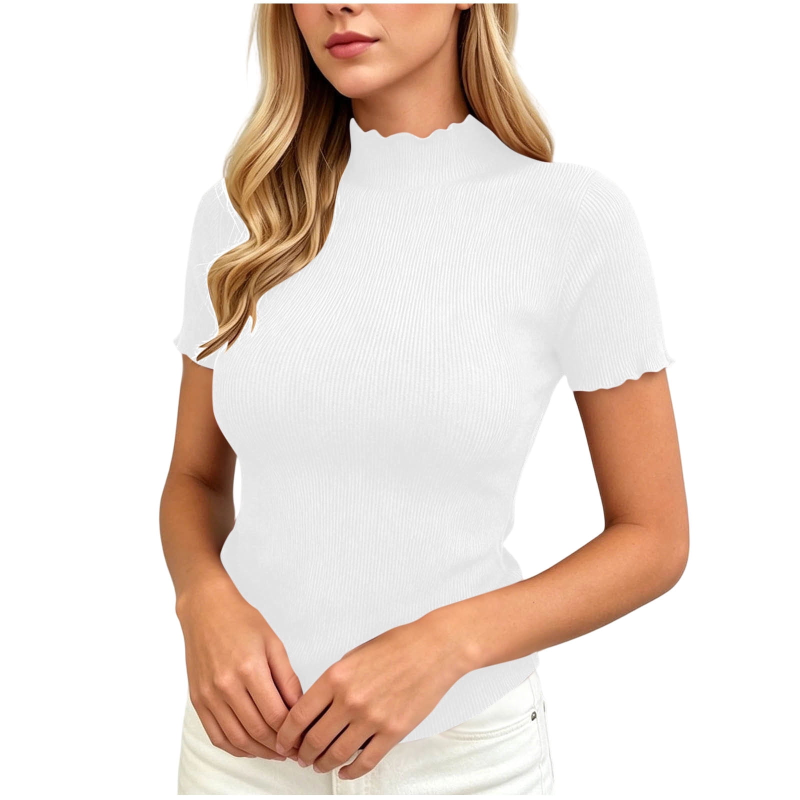 Ruimatai Women's Mock Neck Short Sleeve Ribbed Knit Ruffle Trim Crop ...