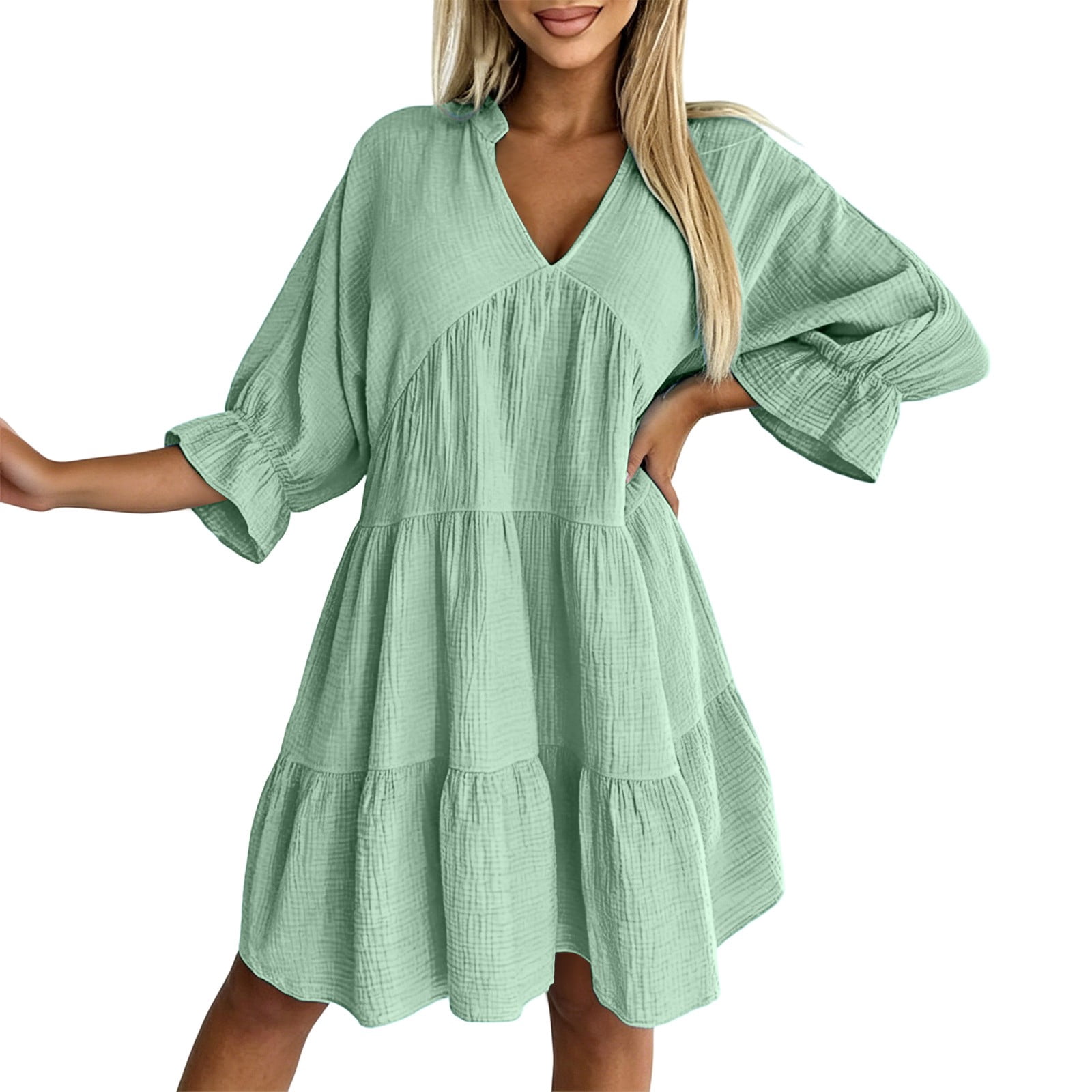 Ruimatai Women's Notch V-Neck Bell Sleeve Tiered Ruffle Casual Swing ...