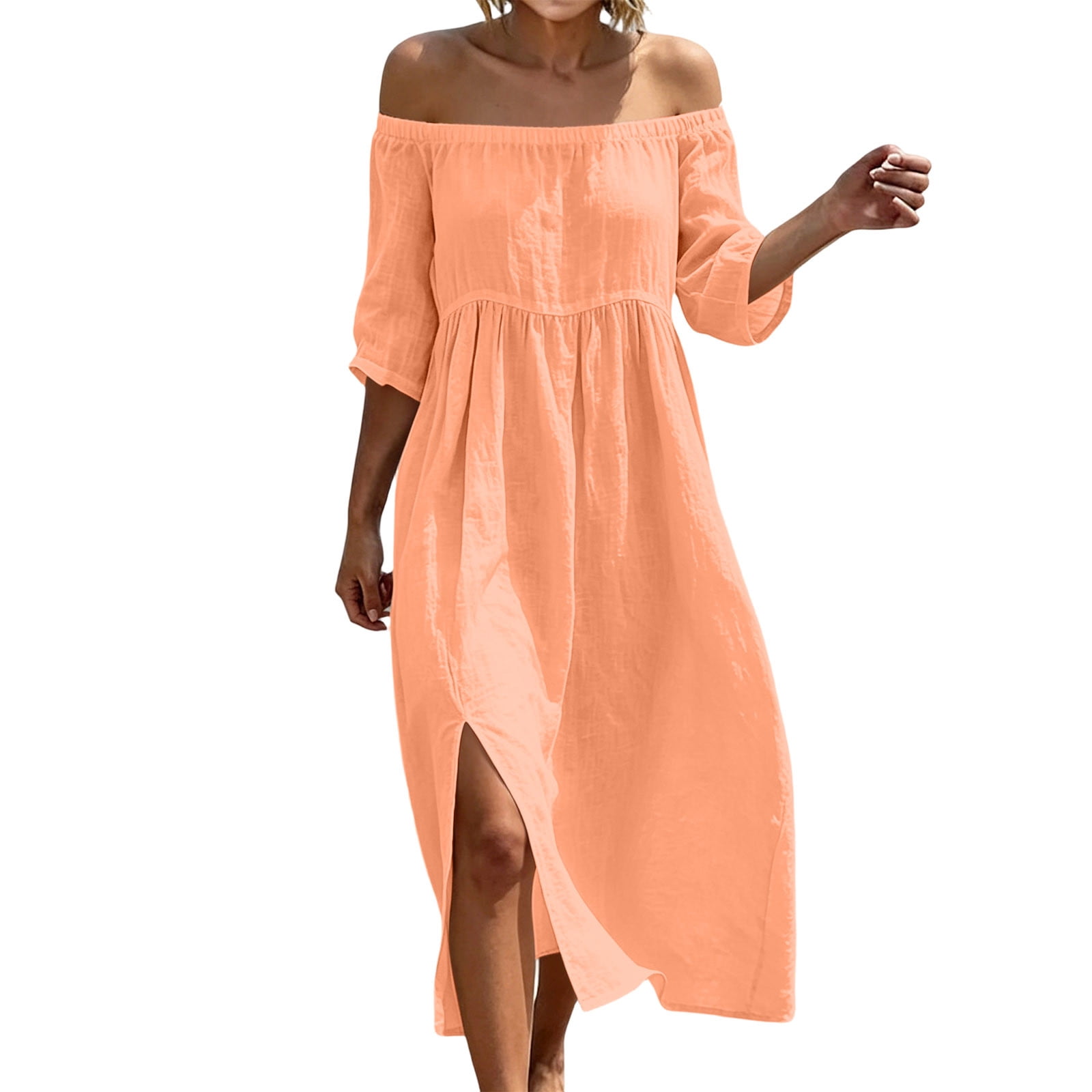 Ruimatai Women's Off-Shoulder 3/4 Sleeve Empire Waist Side Slit Loose ...