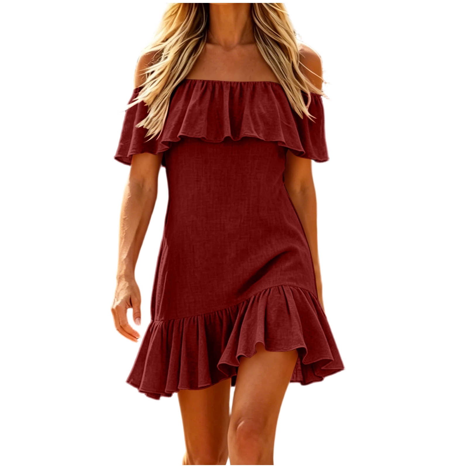 Ruimatai Women's Off-Shoulder Ruffle Trim Flounce Hem Casual Bodycon ...
