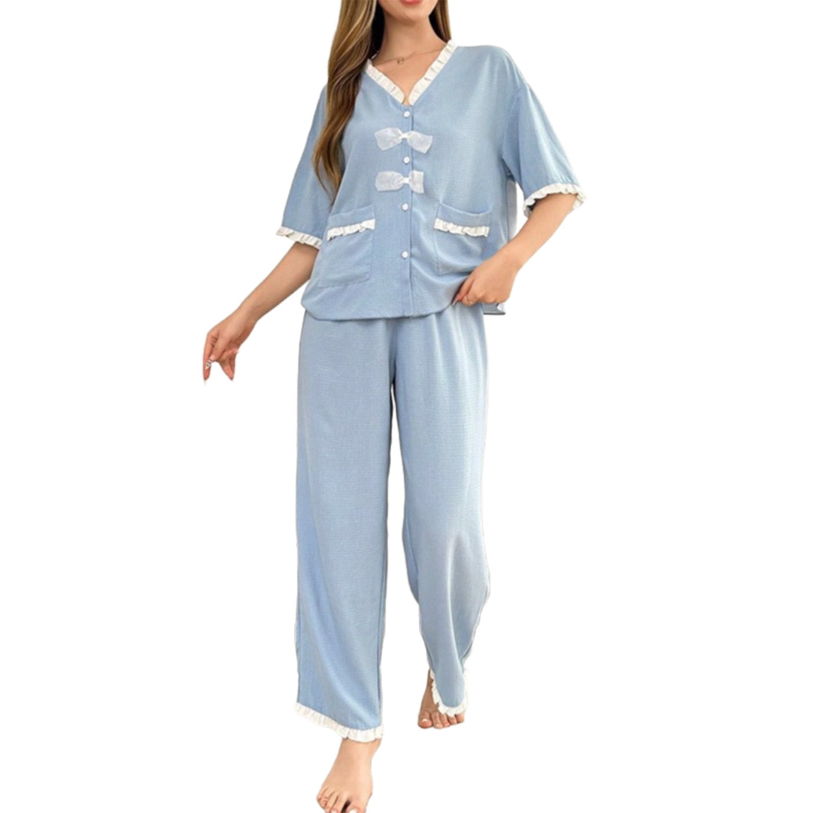 Ruimatai Women's Pajama Set V-Neck Lace Bow Pocket Short Sleeve Soft ...