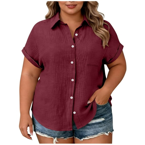 Ruimatai Women's Plus Size Casual Short Sleeve Button Down Shirt With ...