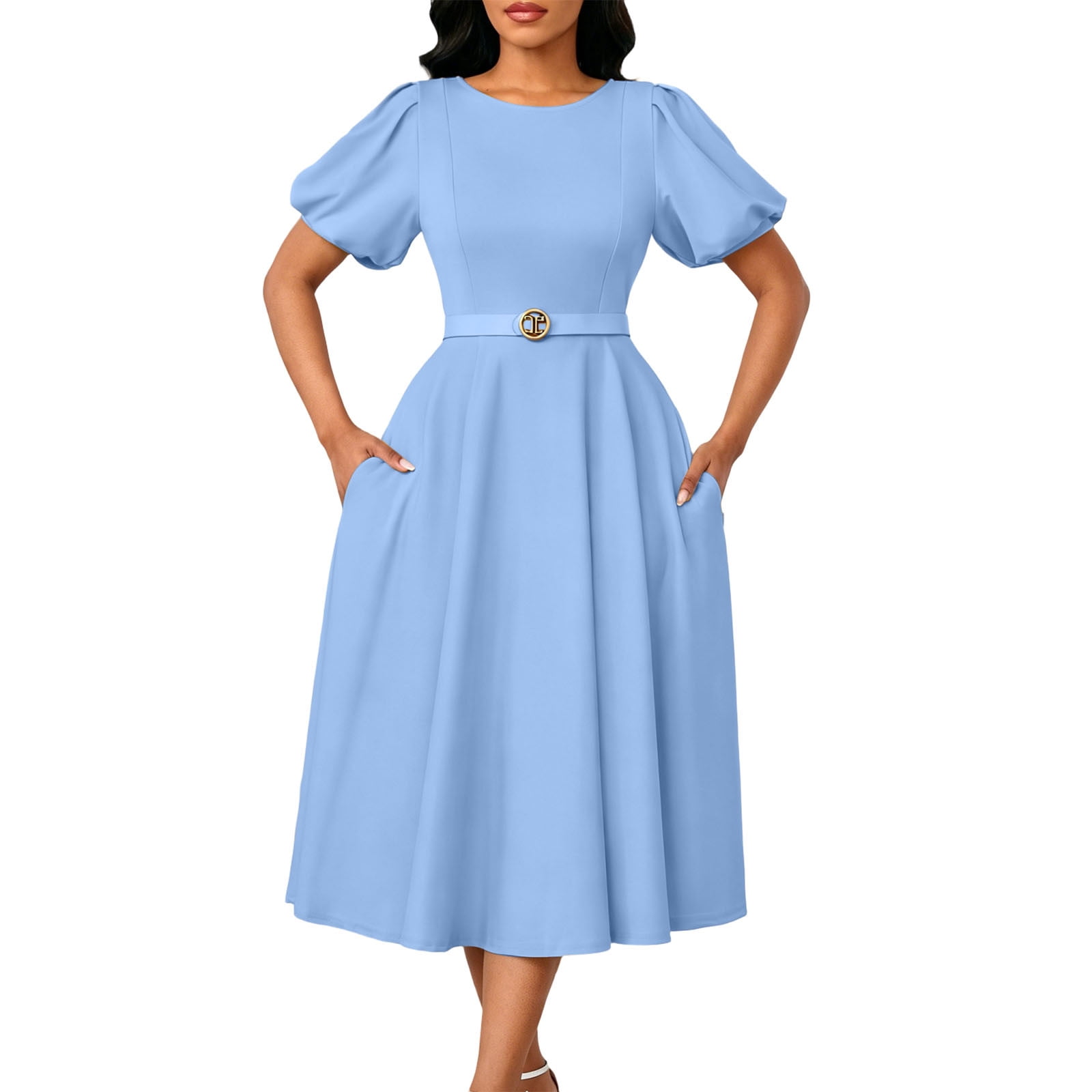 Ruimatai Women's Round Neck Puff Sleeve Belted A-Line Midi Dresses for ...