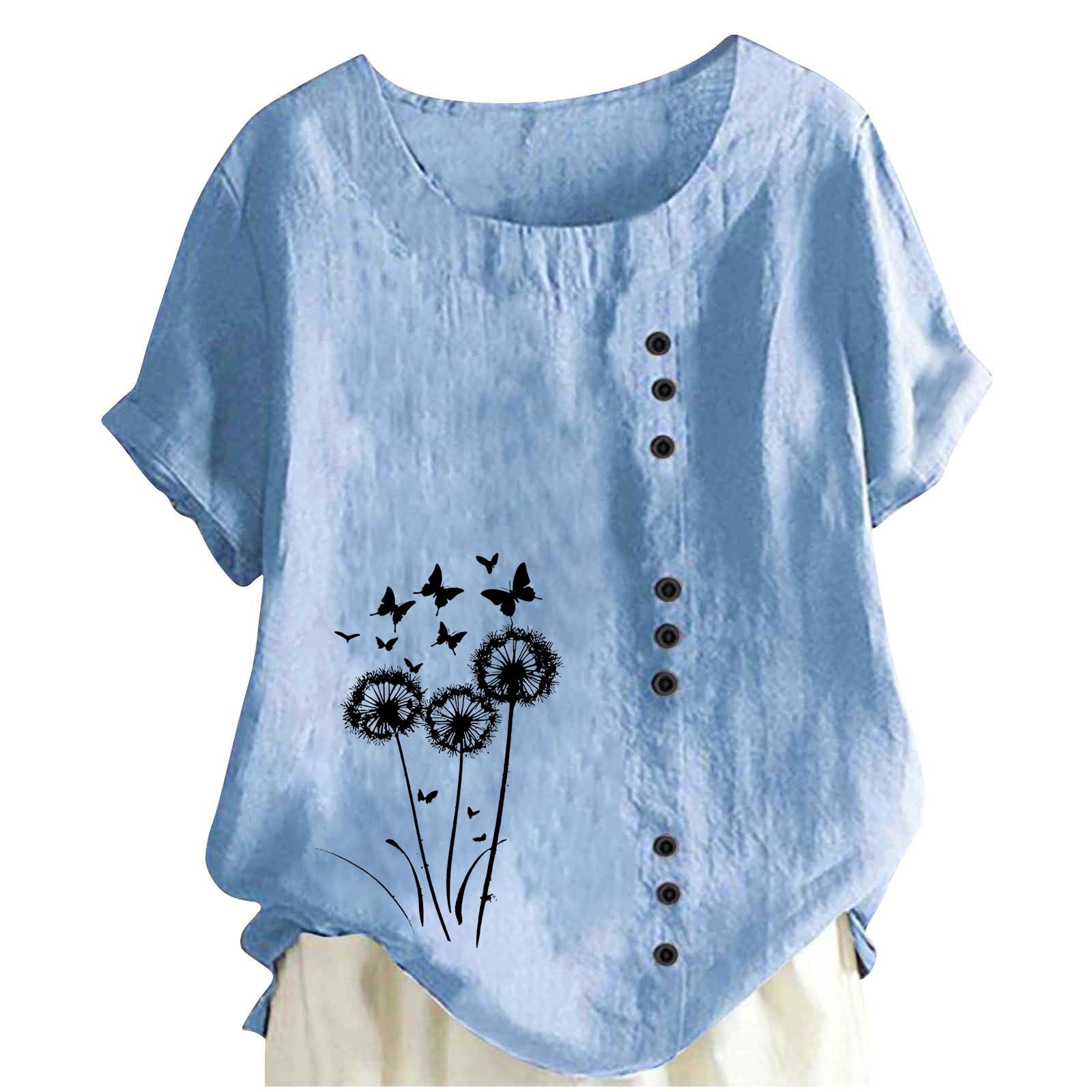 Ruimatai Women's Round Neck Short Sleeve Dandelion Print Button Detail ...