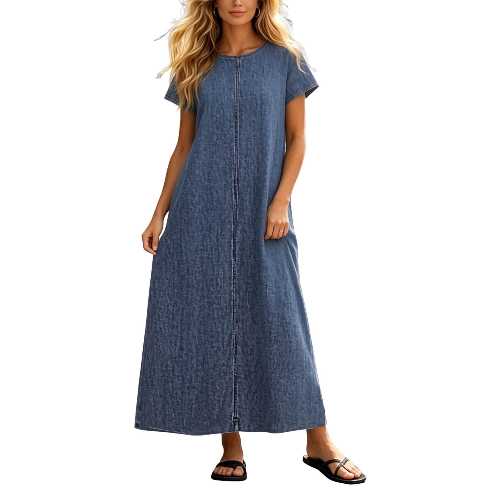 Ruimatai Women's Round Neck Short Sleeve Denim-Inspired Loose Fit Maxi ...