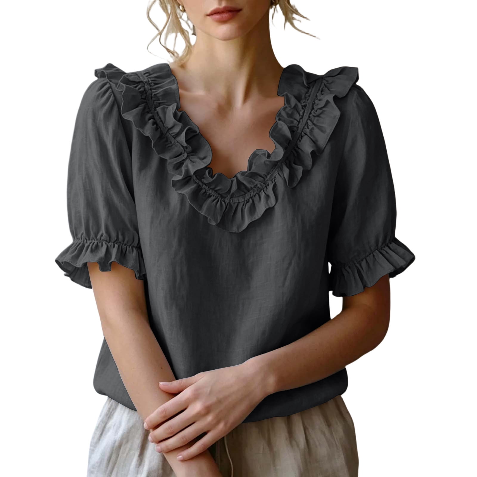 Ruimatai Women's Ruffle Trim V-Neck Puff Short Sleeve Loose Fit Casual ...