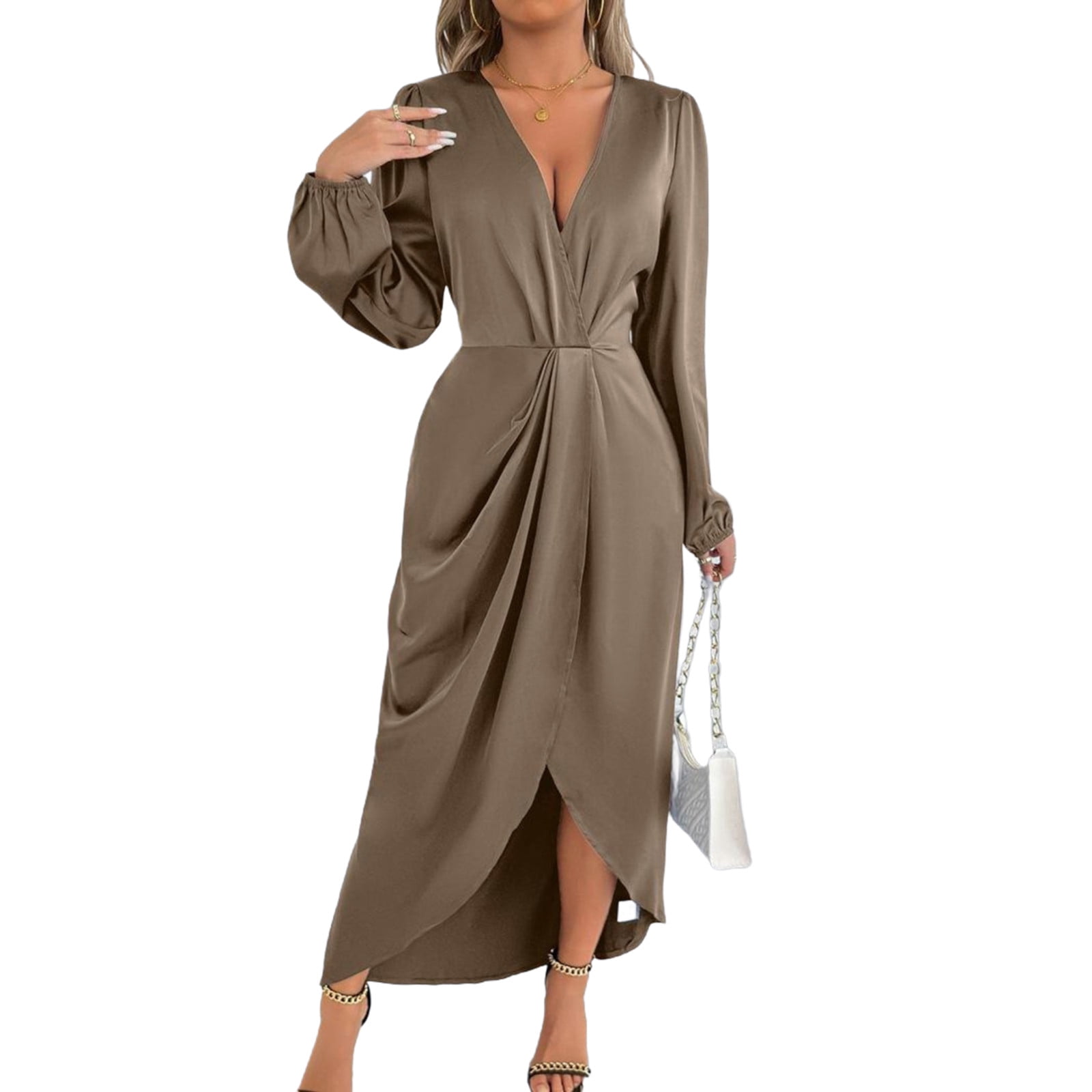 Ruimatai Women's Satin Maxi Dress Deep V-Neck Long Puff Sleeve Ruched ...