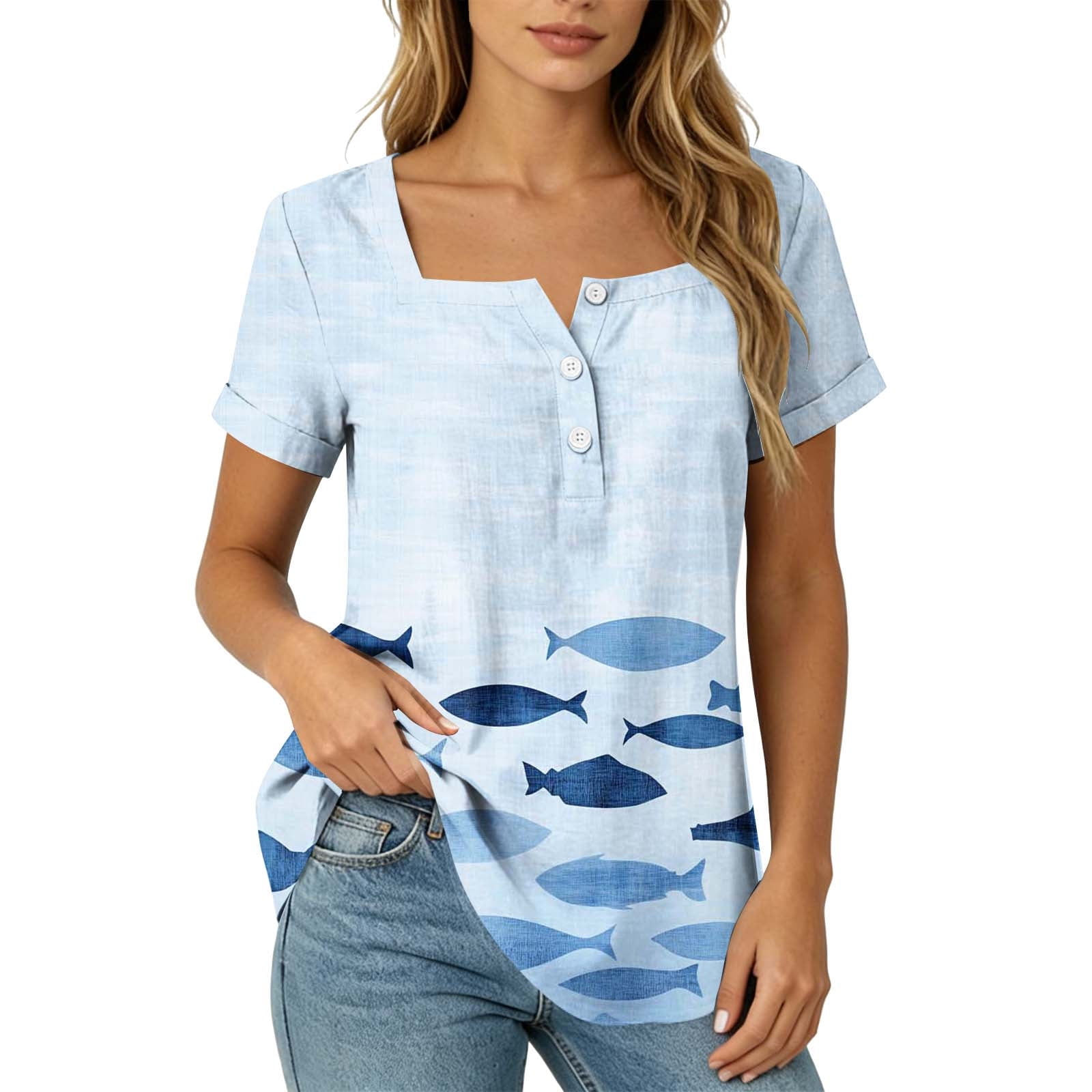 Ruimatai Women's Square Neck Henley Button Fish Print Rolled Cuff Short ...