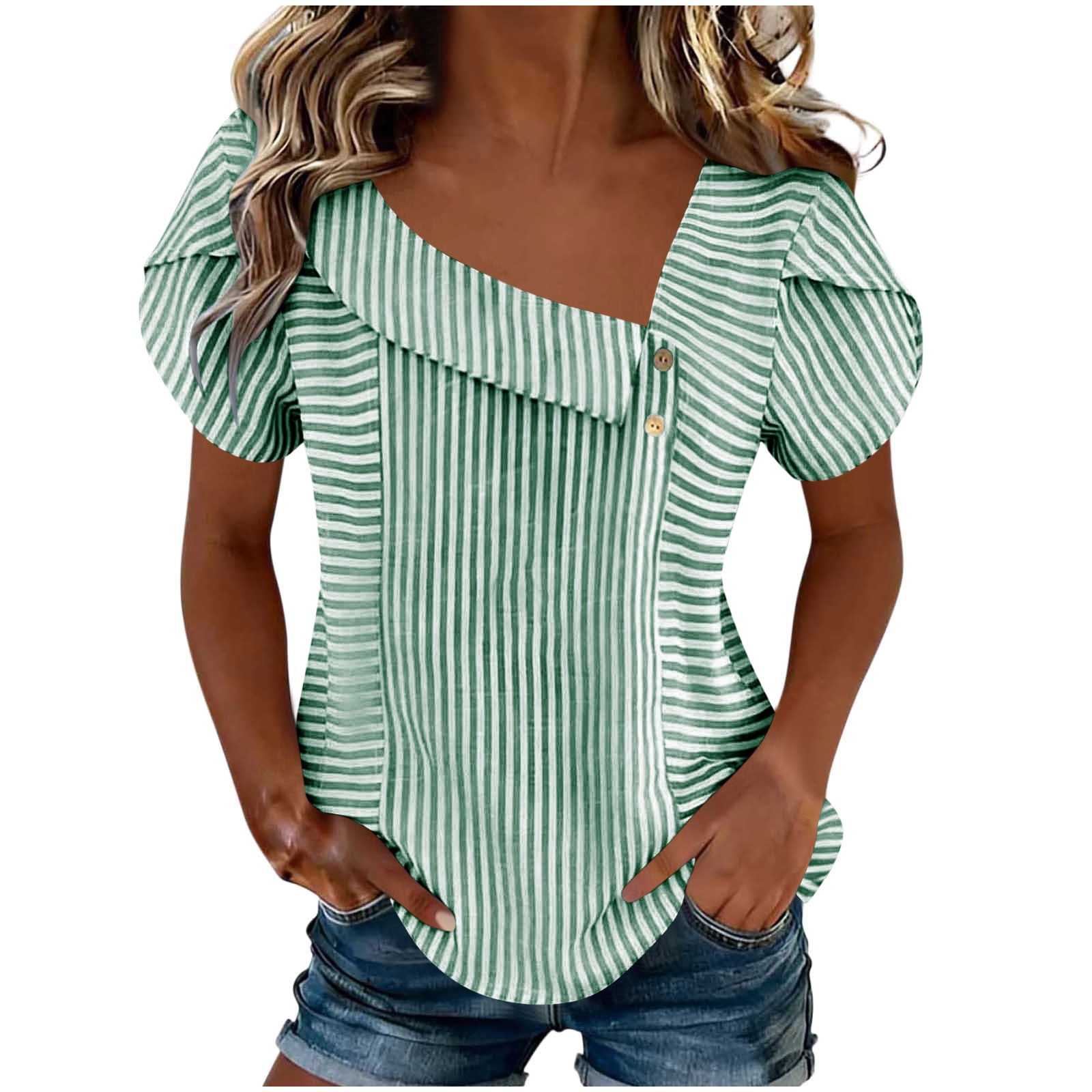 Ruimatai Women's Striped Asymmetric Fold-Over Neckline Puff Sleeve ...