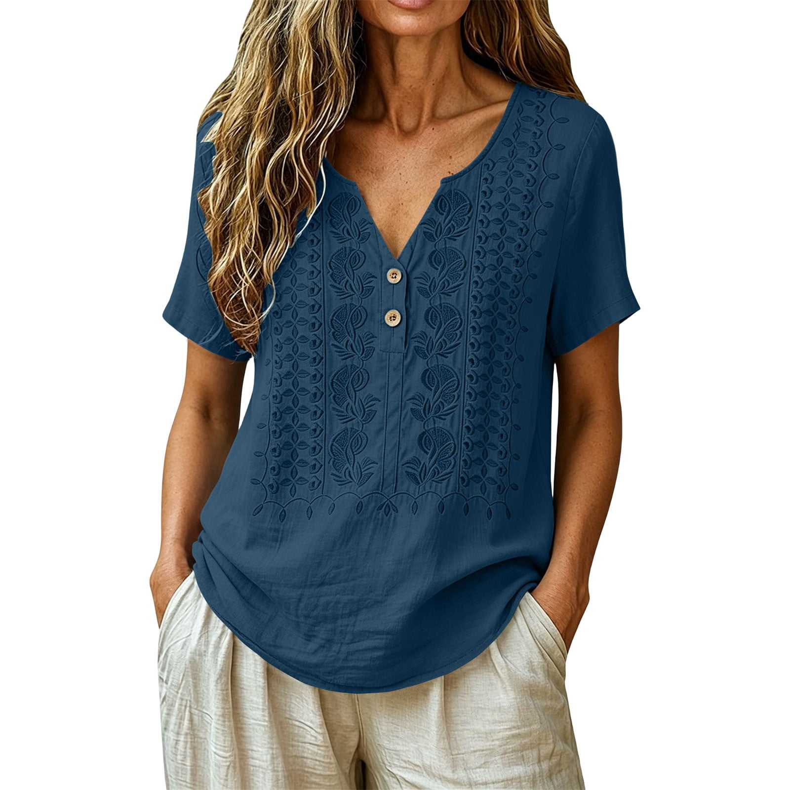 Ruimatai Women's V-Neck Button Down Embroidered Short Sleeve Casual ...