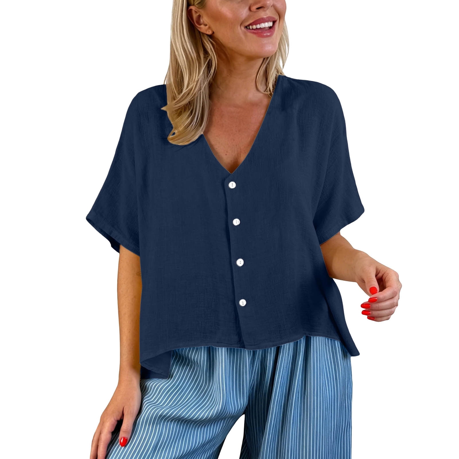 Ruimatai Women's V-Neck Button Front Batwing Short Sleeve Loose Fit ...