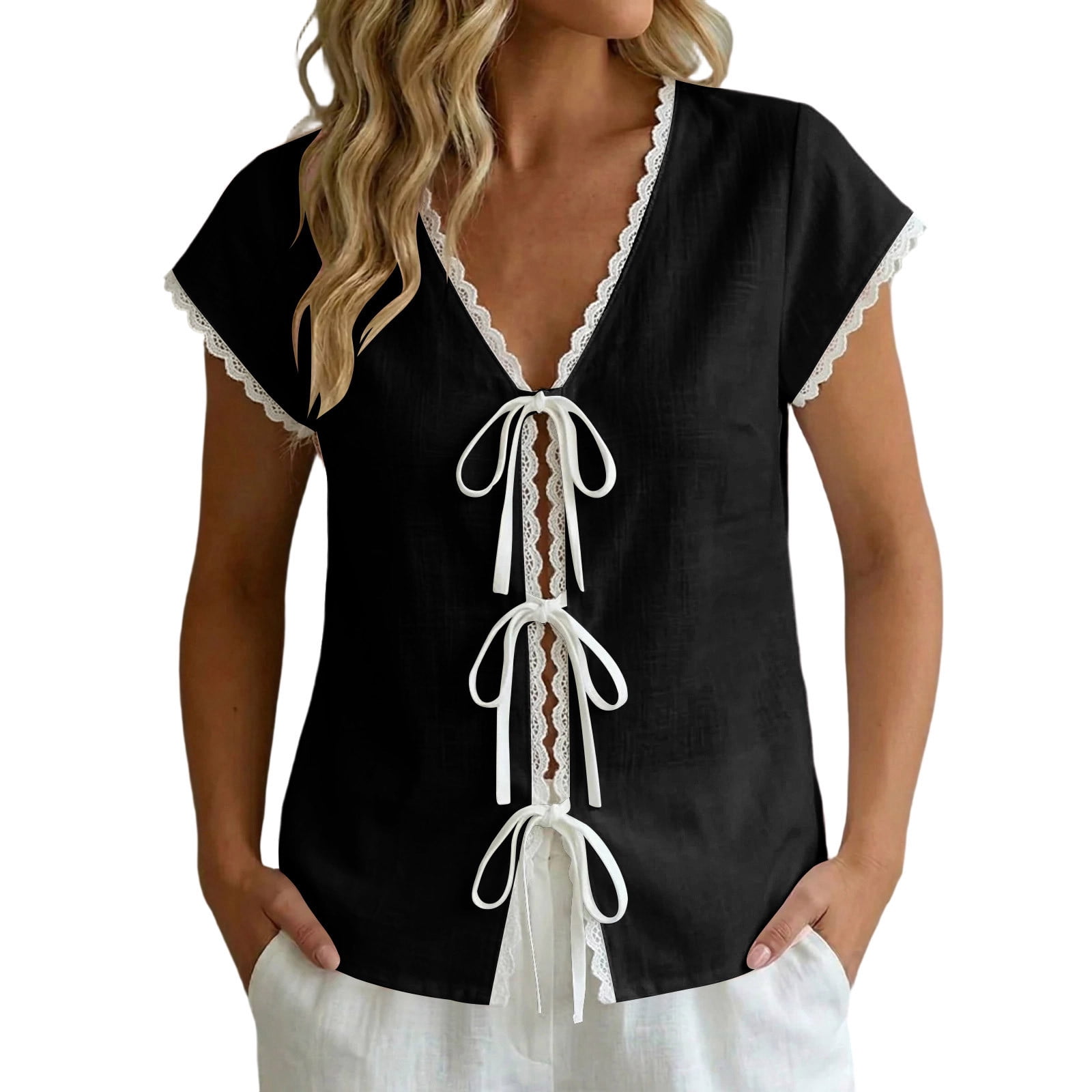 Ruimatai Women's V-Neck Lace Trim Ribbon Tie Short Sleeve Loose Fit ...