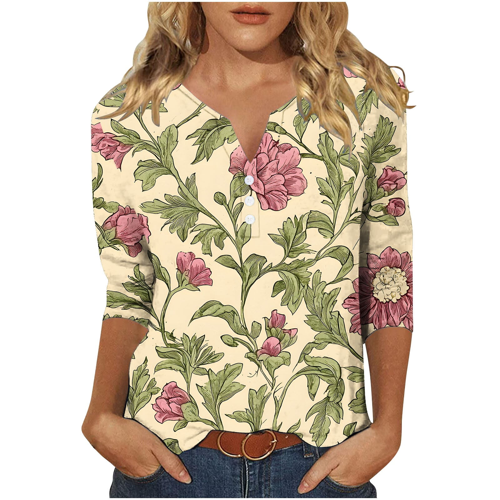 Ruimatai Women's V-Neck Quarter Sleeve Blouse Summer Casual Soft Polyester Top for Beach Party ...