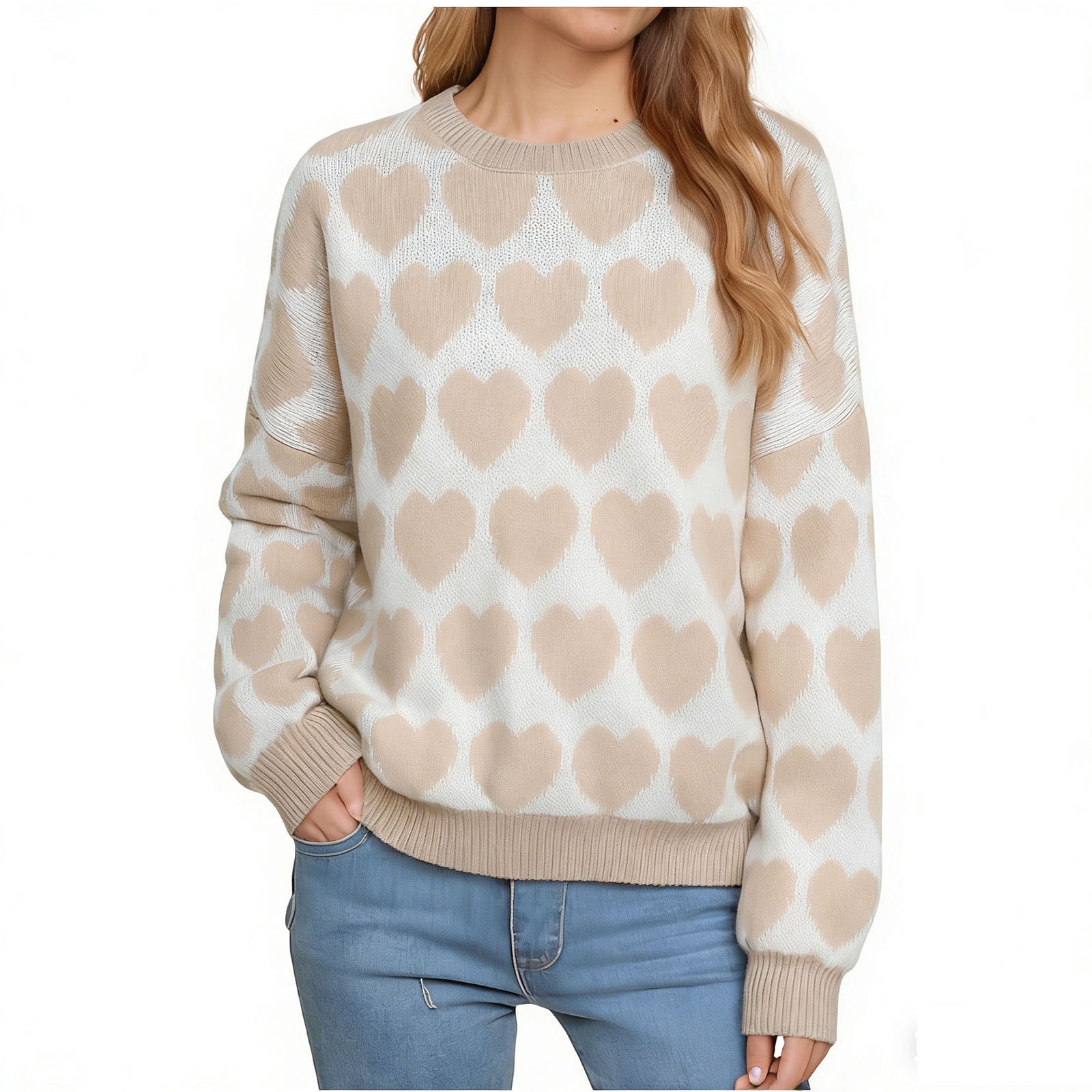 Ruimatai Women's Valentine Heart Print Sweater Round Neck Knitted ...