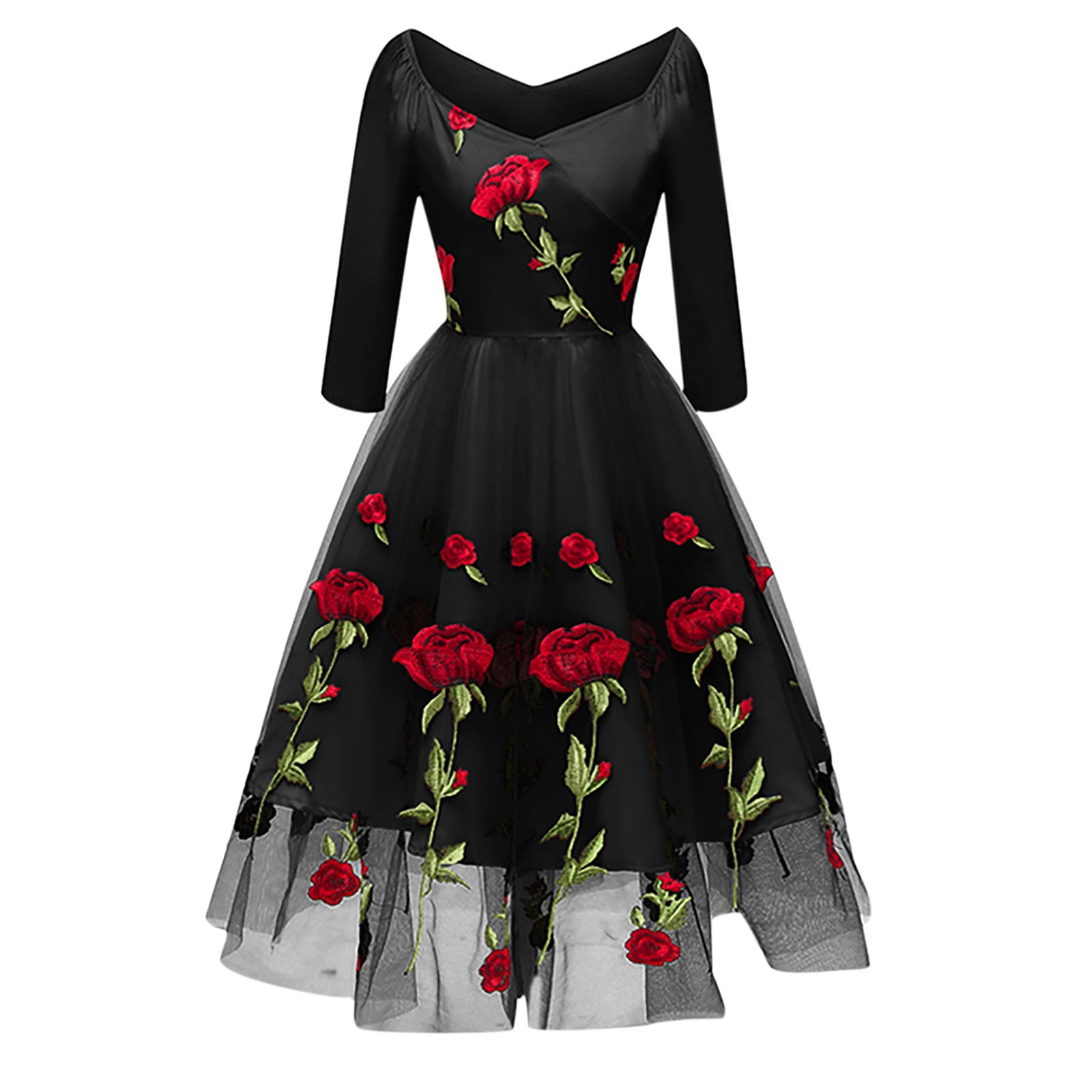 Ruimatai Women's Vintage Rose Embroidery Dress V-Neck Long Sleeve Lace ...