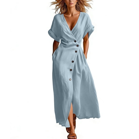 Ruimatai Women's Wrap V-Neck Dolman Sleeve Button Front A-Line Casual ...