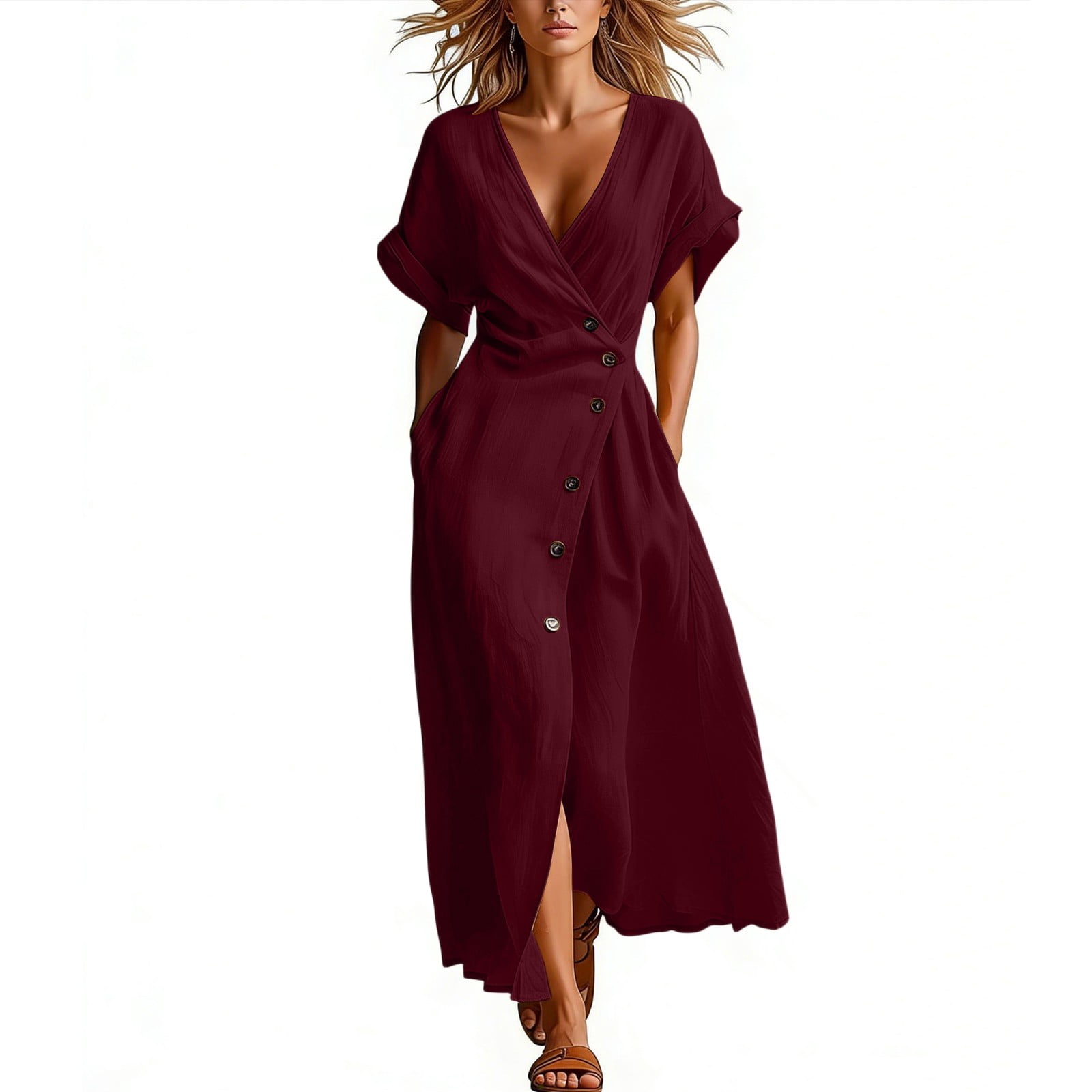 Ruimatai Women's Wrap V-Neck Dolman Sleeve Button Front A-Line Casual ...