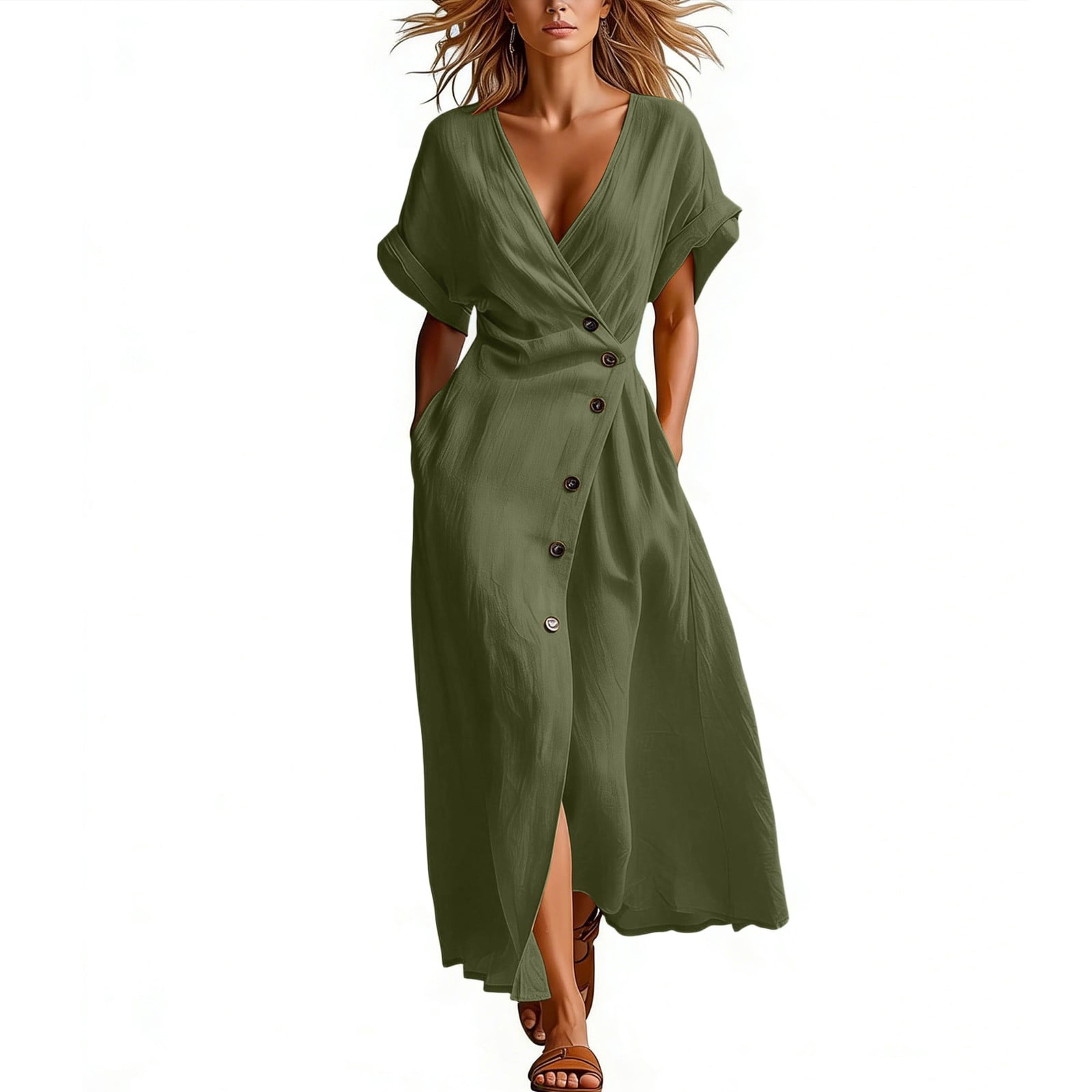 Ruimatai Women's Wrap V-Neck Dolman Sleeve Button Front A-Line Casual ...