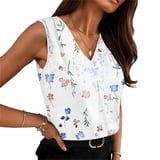 Ruimatai Womens Casual Print Blouses V Neck Back Ruched Sleeveless ...