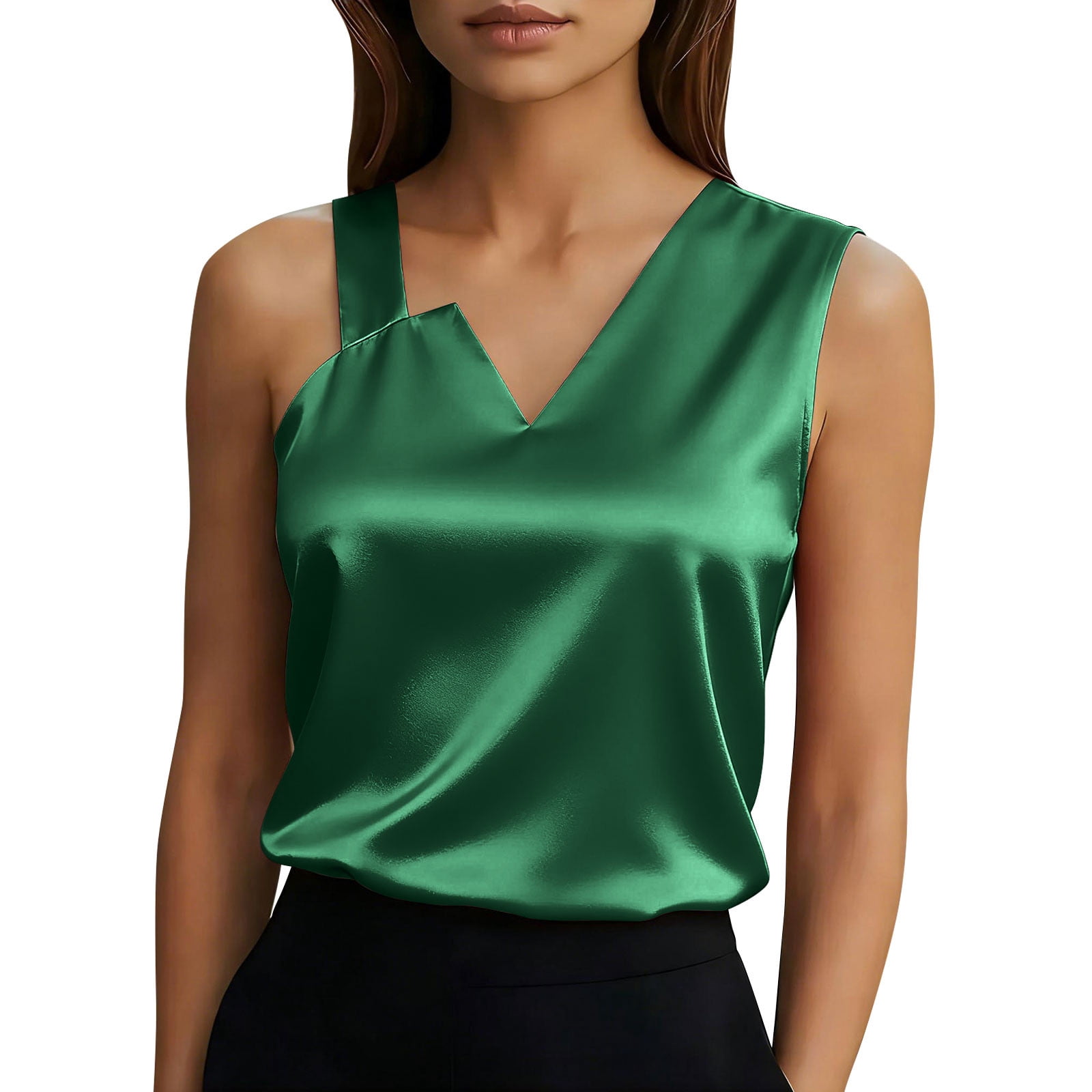 Ruimatai Womens Elegant Satin Blouses Asymmetric Single Strap V Neck ...
