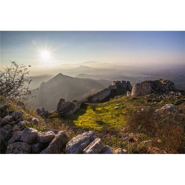Ruins of A Stone Wall & Buildings with A Sunburst & Mountains - Corinth ...