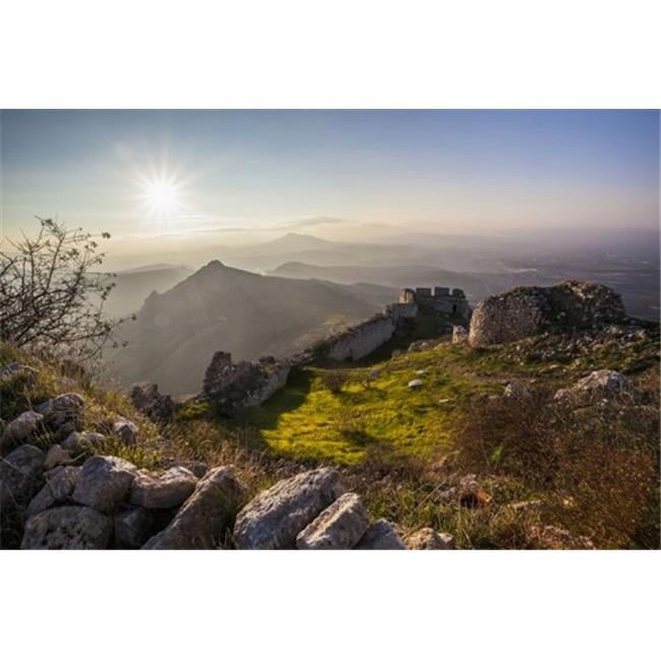 Ruins of A Stone Wall & Buildings with A Sunburst & Mountains - Corinth ...
